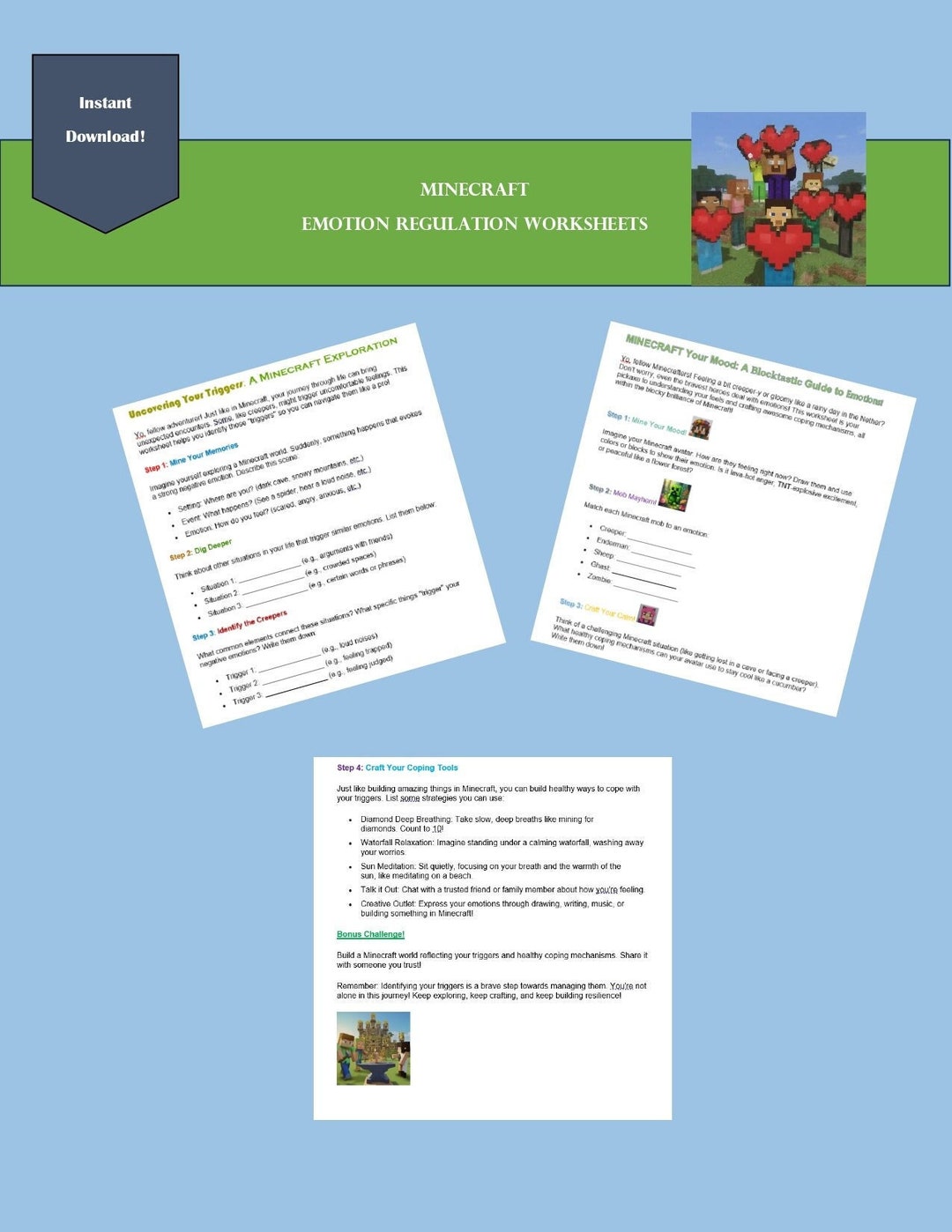 Minecraft-themed Emotion Regulation Worksheets made by a Therapist - Etsy
