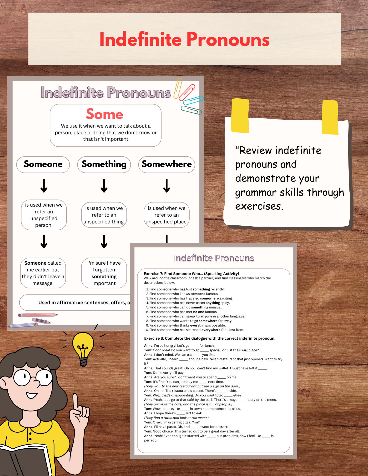 ESL Packet Indefinite Pronouns | Grammar Exercises | Speaking Cards ...