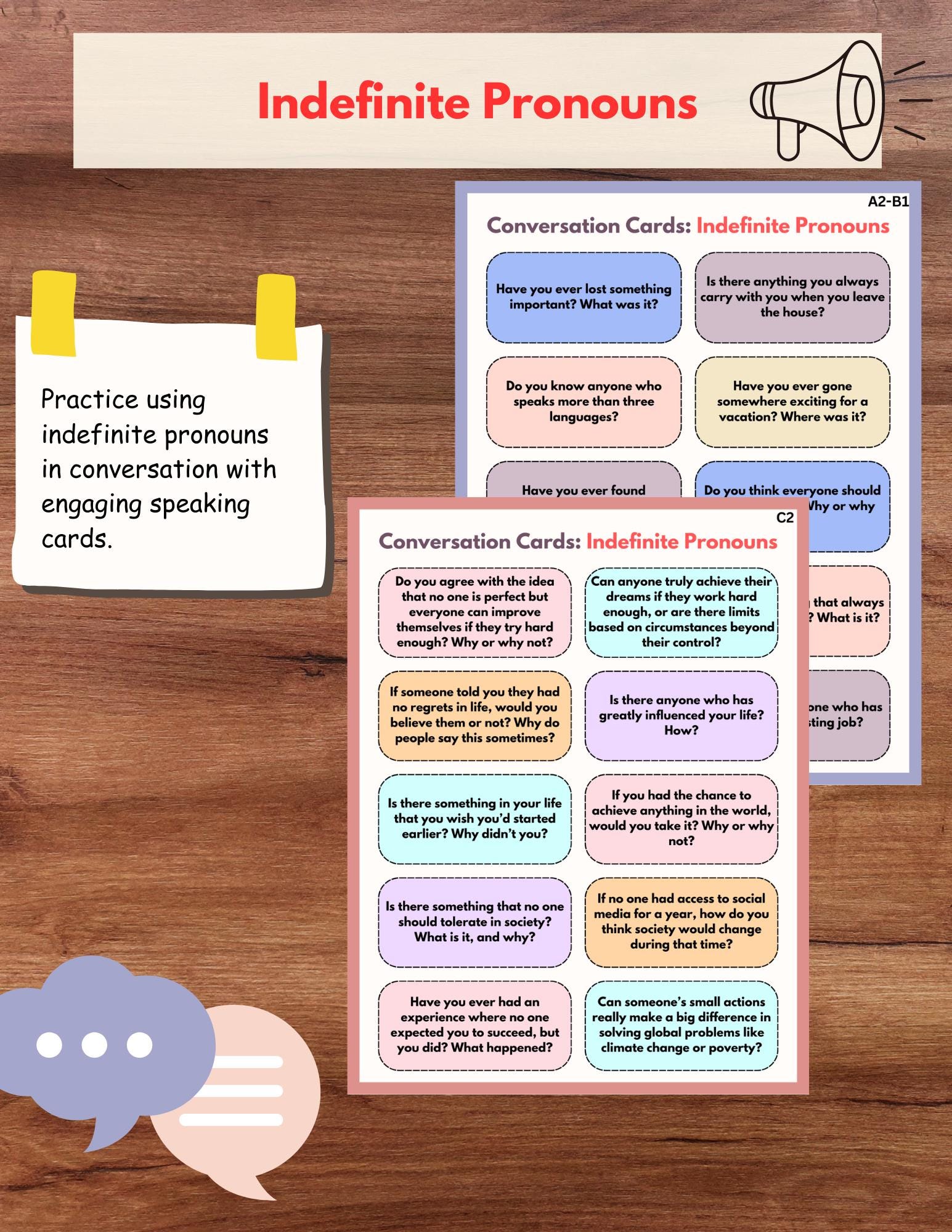 ESL Packet Indefinite Pronouns | Grammar Exercises | Speaking Cards ...