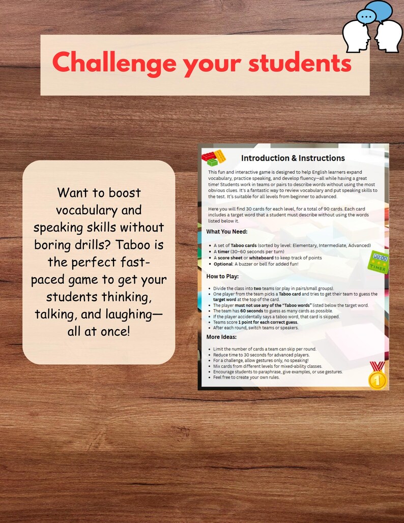 ESL Vocabulary Taboo Game | for All Levels A1-C2 | ESL Speaking - Etsy ...