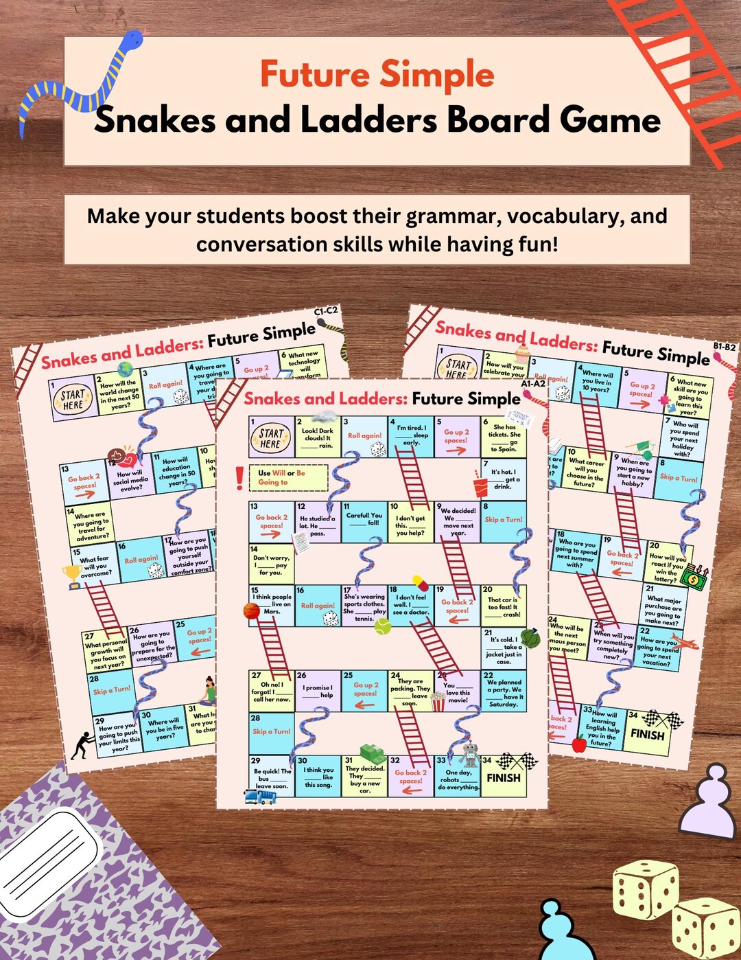 ESL Speaking Board Game A1-C2 | Future Simple Snakes and Ladders | ESL ...