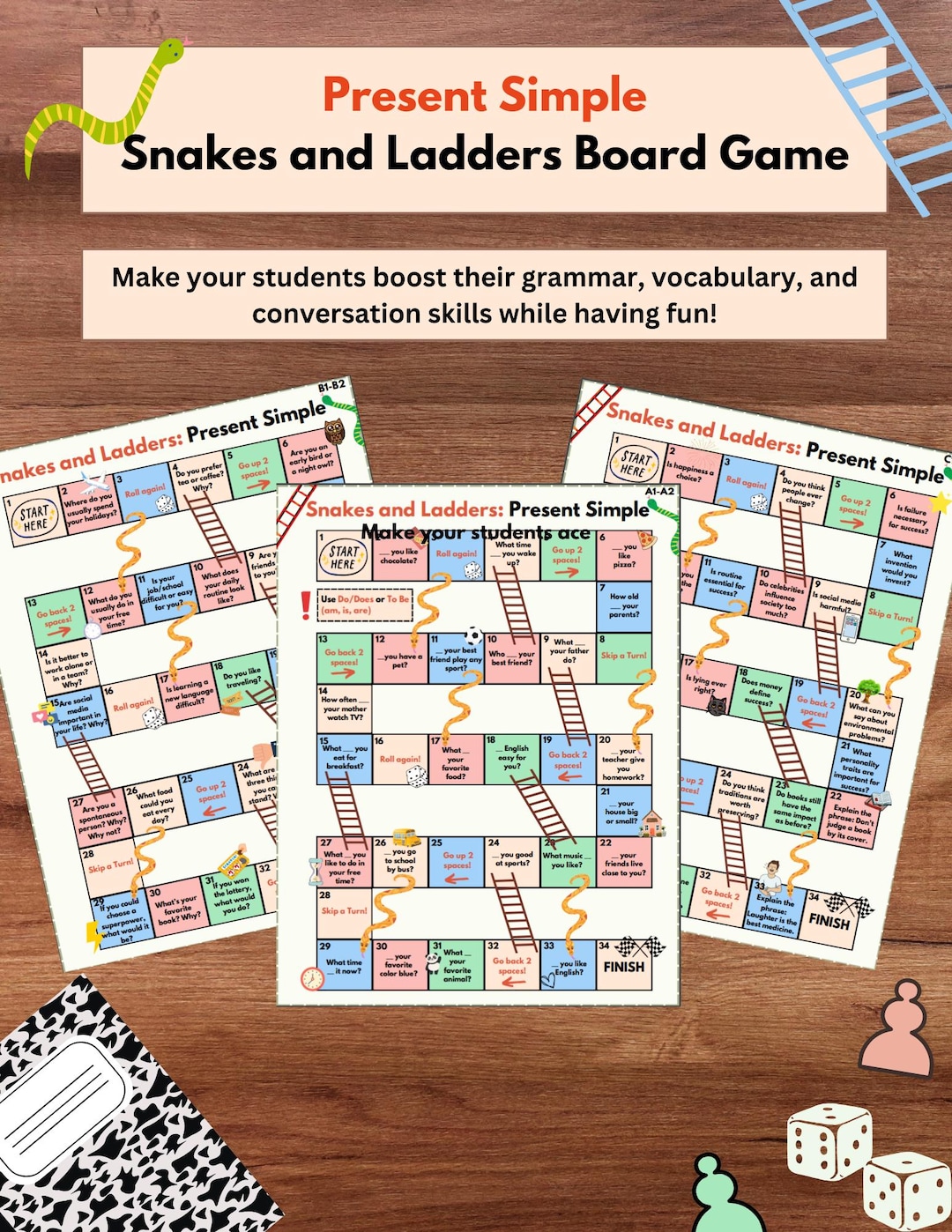 ESL Board Game A1-C2 | Present Simple | Snakes and Ladders | ESL ...