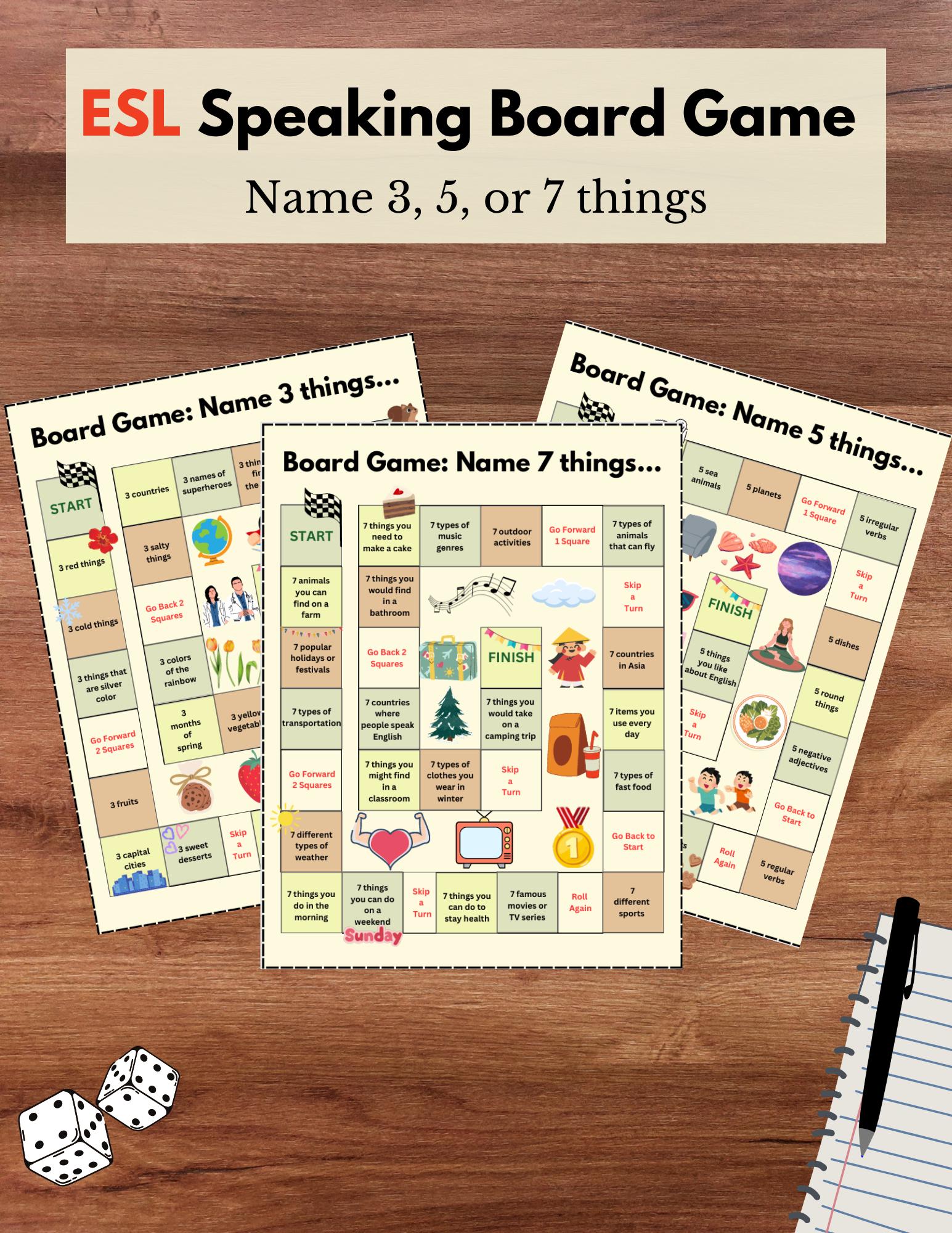 ESL Vocabulary Speaking Game A1-C2 | Name 3, 5, 7 Things | Board Game ...