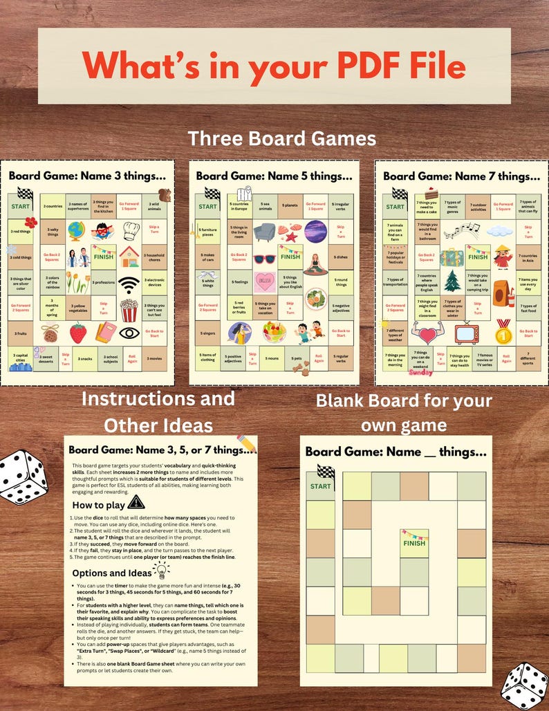 ESL Vocabulary Speaking Game A1-C2 | Name 3, 5, 7 Things | Board Game ...