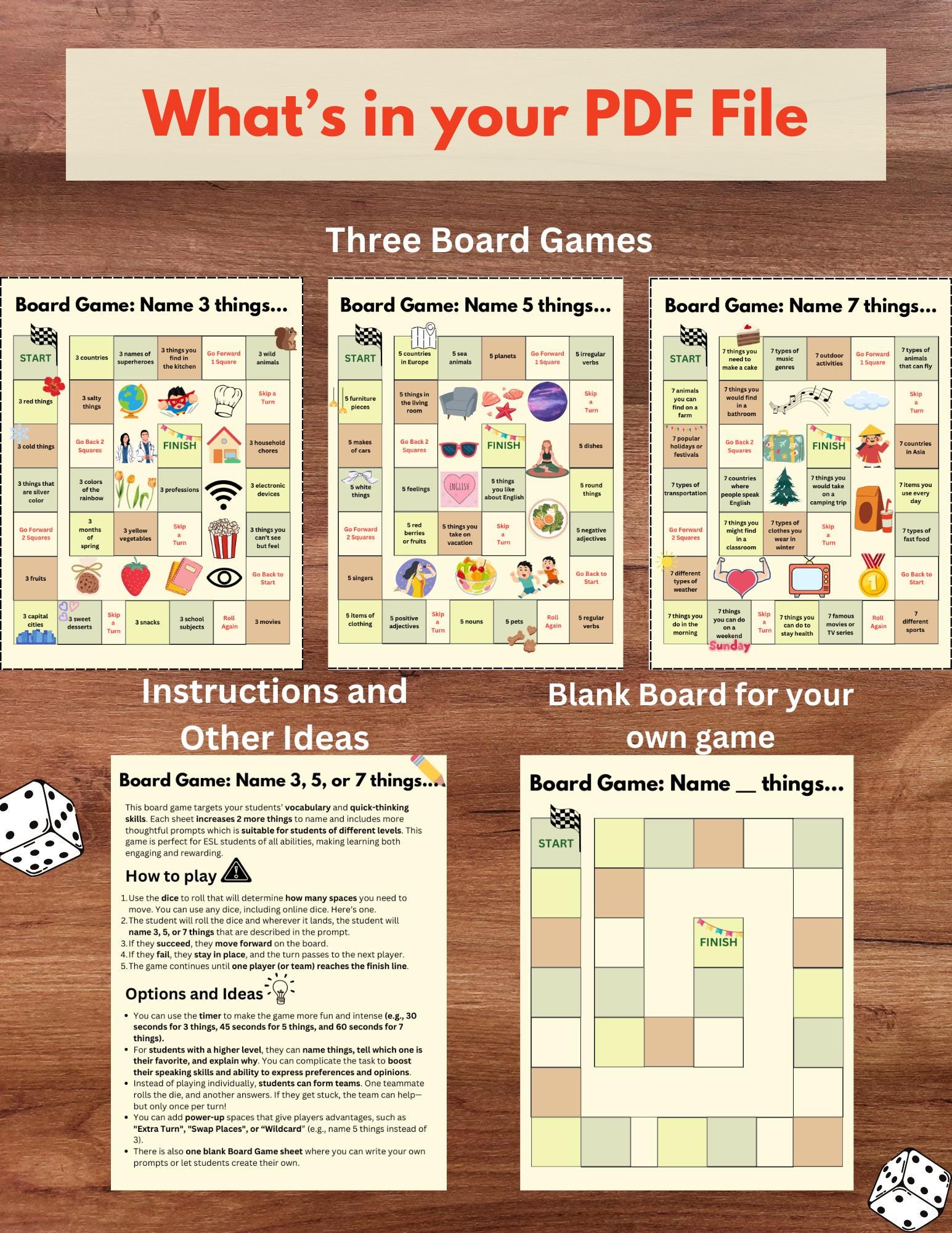 ESL Vocabulary Speaking Game A1-C2 | Name 3, 5, 7 Things | Board Game ...