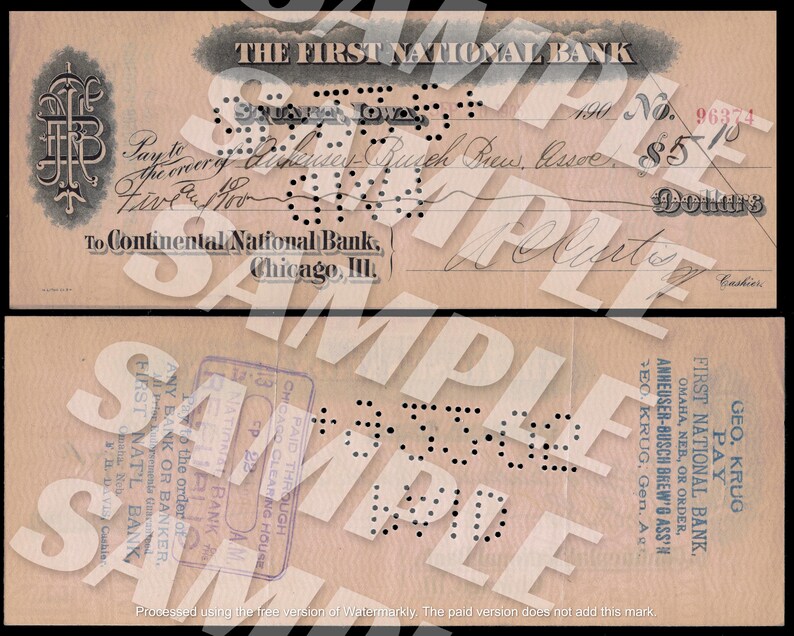 Anheuser-busch Unique Bank Check From Bank Robbed by Bonnie & Clyde ...