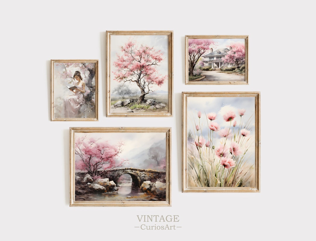 Spring Cherry Blossom SET of 5,landscape Painting, Spring Print Vintage ...