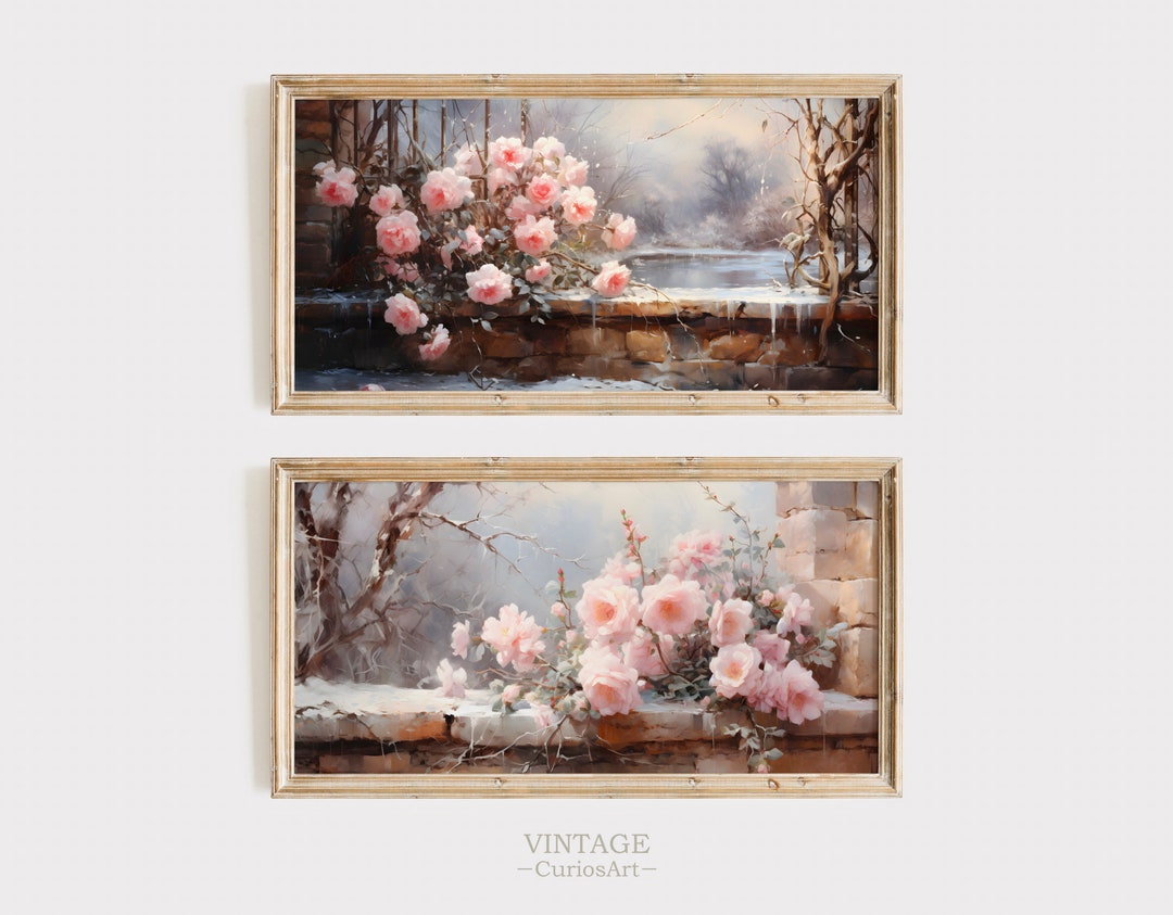 Vintage Roses Flower Frame TV Art SET of 2, Spring Painting, Easter ...