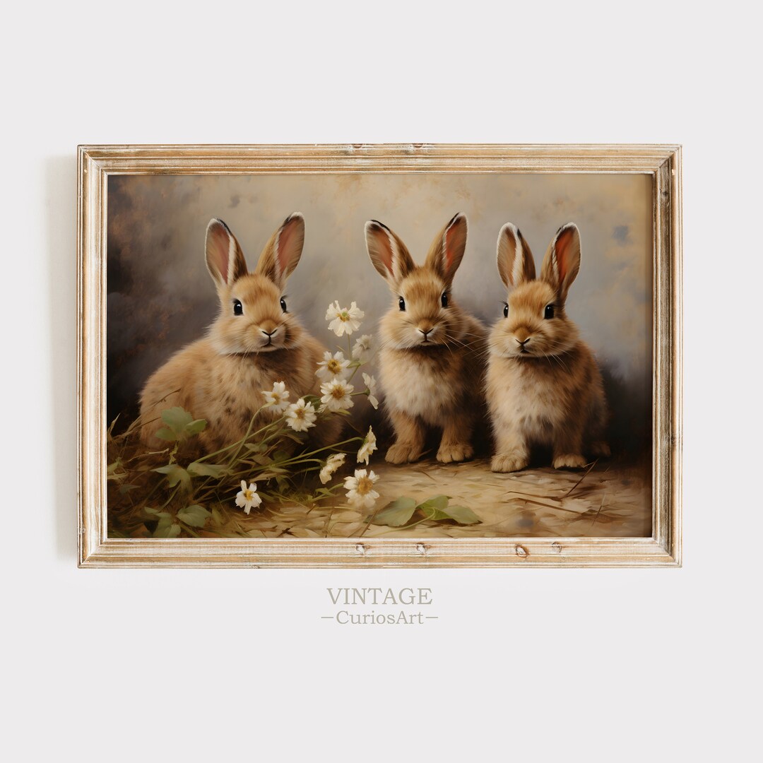 Little Bunnies in Spring Field, Vintage Style Watercolor Art, Large ...