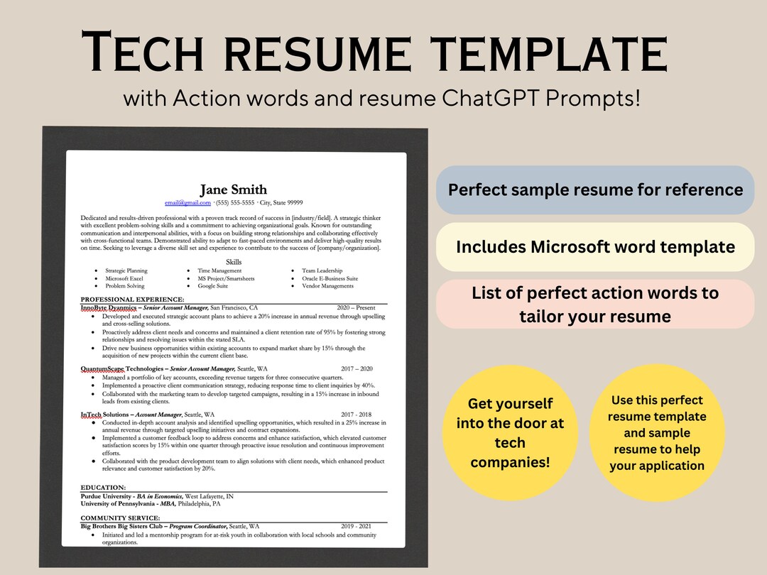 ATS Friendly Tech Resume Template, IT, Computer Science Resume for Word ...
