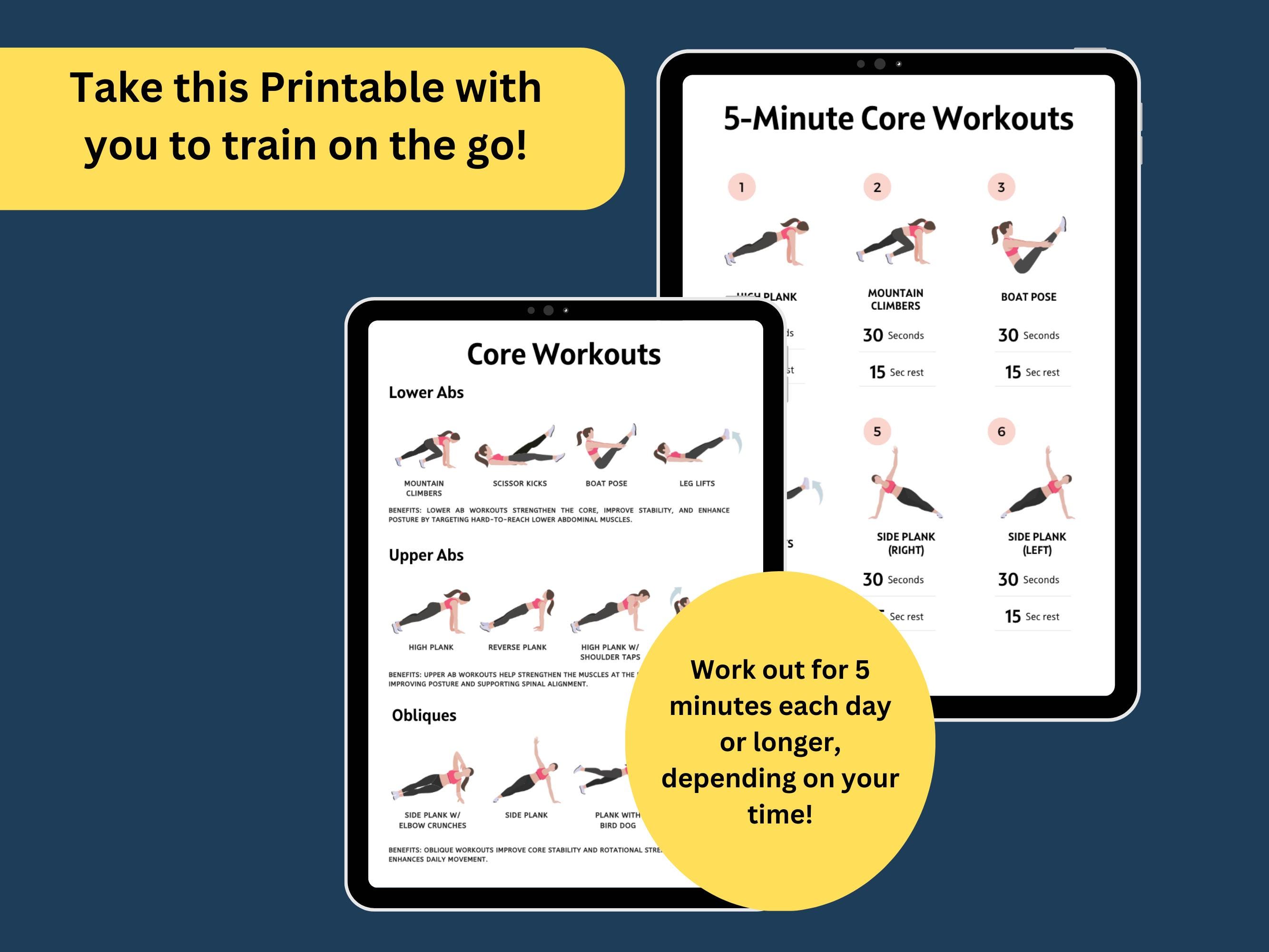 Core & Abs Exercise Challenge, Abs and Core Exercises Printable PDF ...