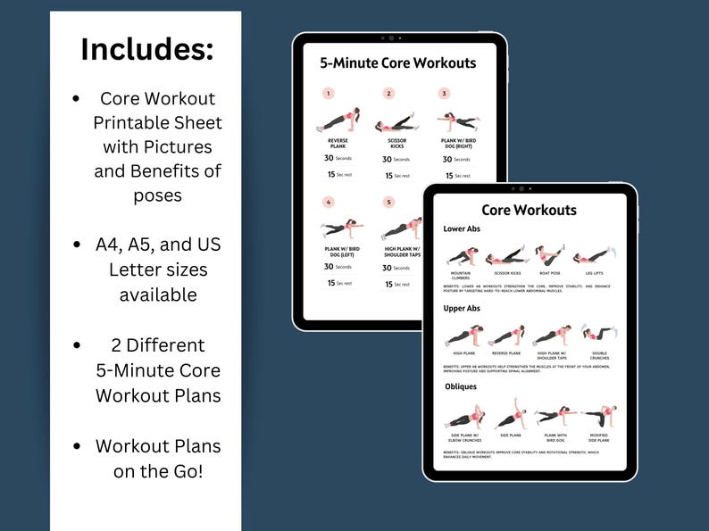Core & Abs Exercise Challenge, Abs and Core Exercises Printable PDF ...