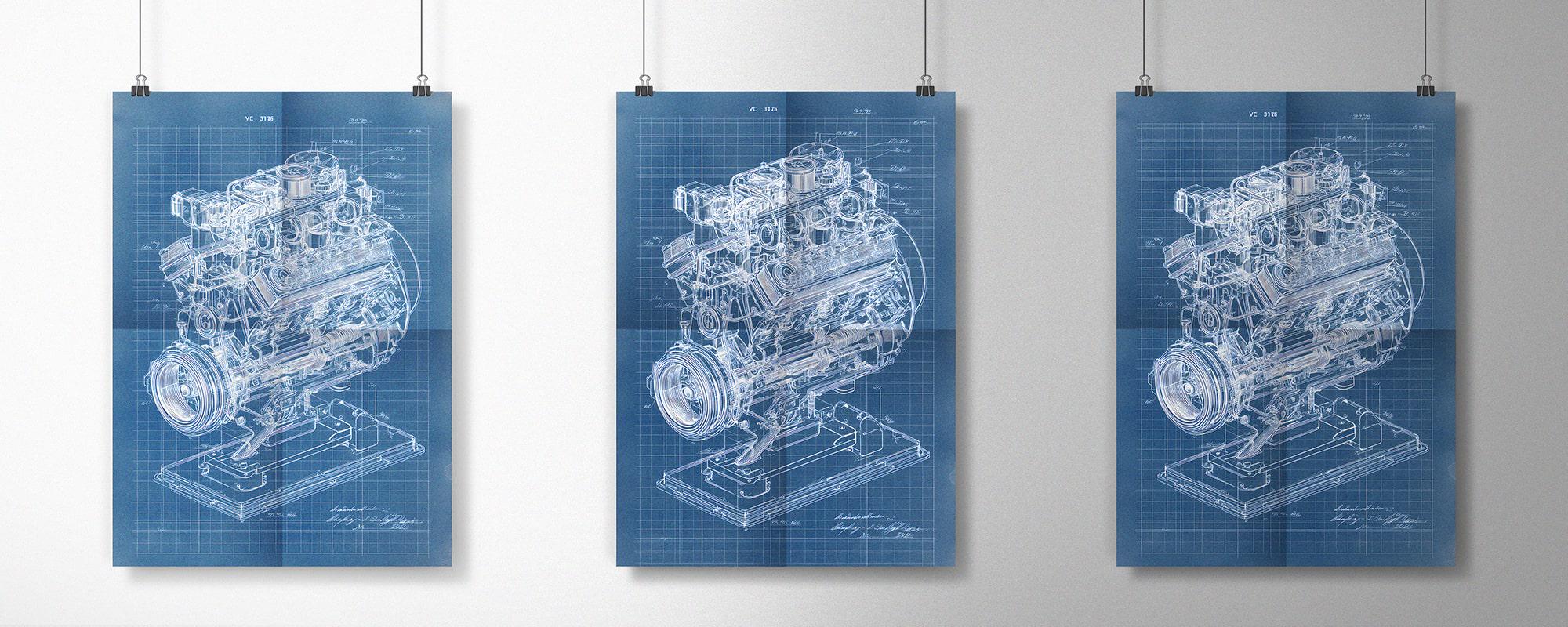 Vintage V8 Engine Blueprint Poster, Automotive Wall Art (digital ...