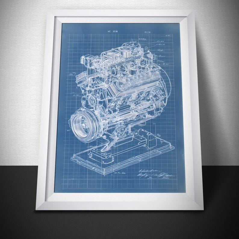 Vintage V8 Engine Blueprint Poster, Automotive Wall Art (digital ...