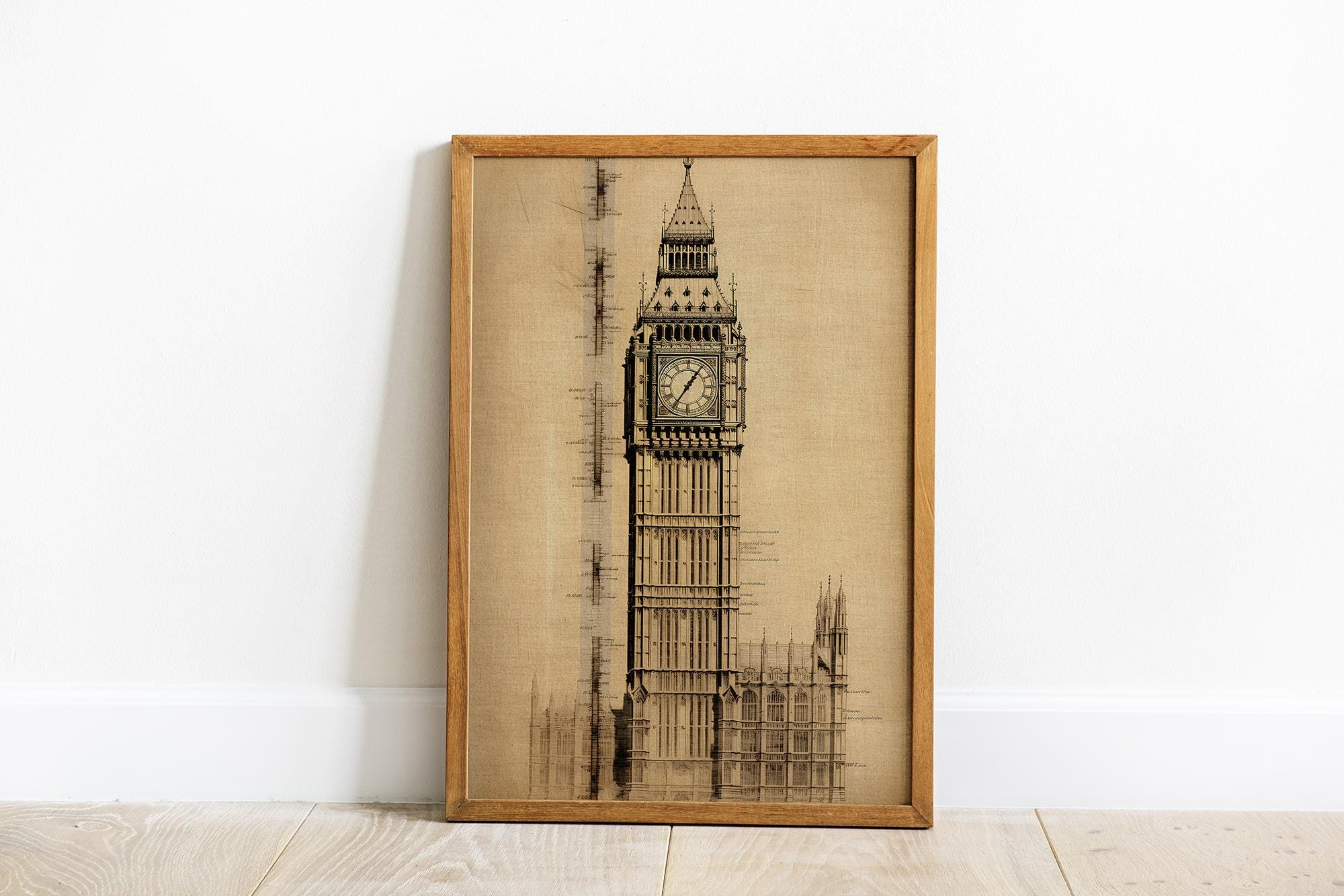 Big Ben Tower Blueprint Digital Poster - Hand Drawn Style on Old ...