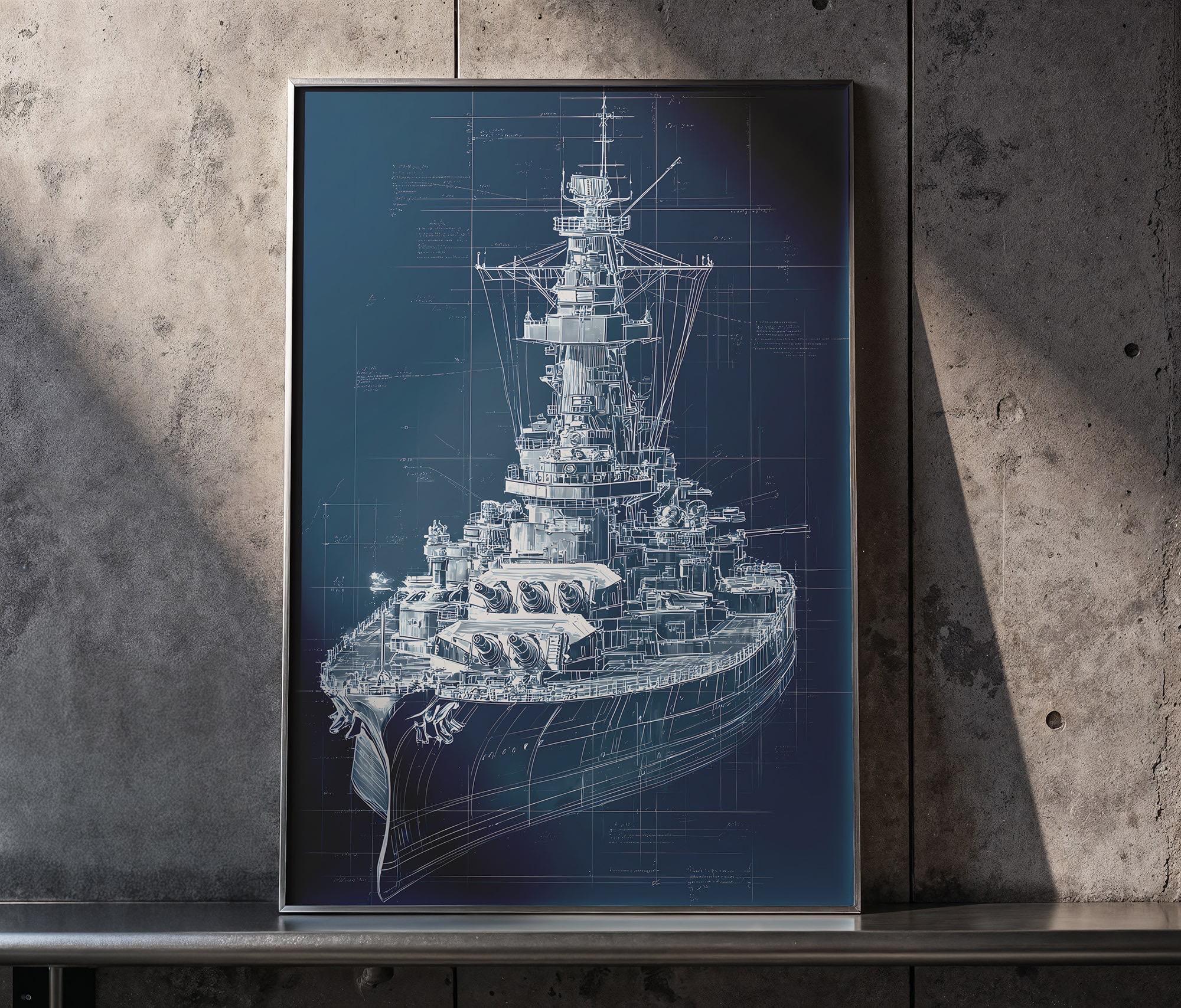 Iowa Class Battleship Blueprint, WW2 Warship Technical Drawing (digital ...