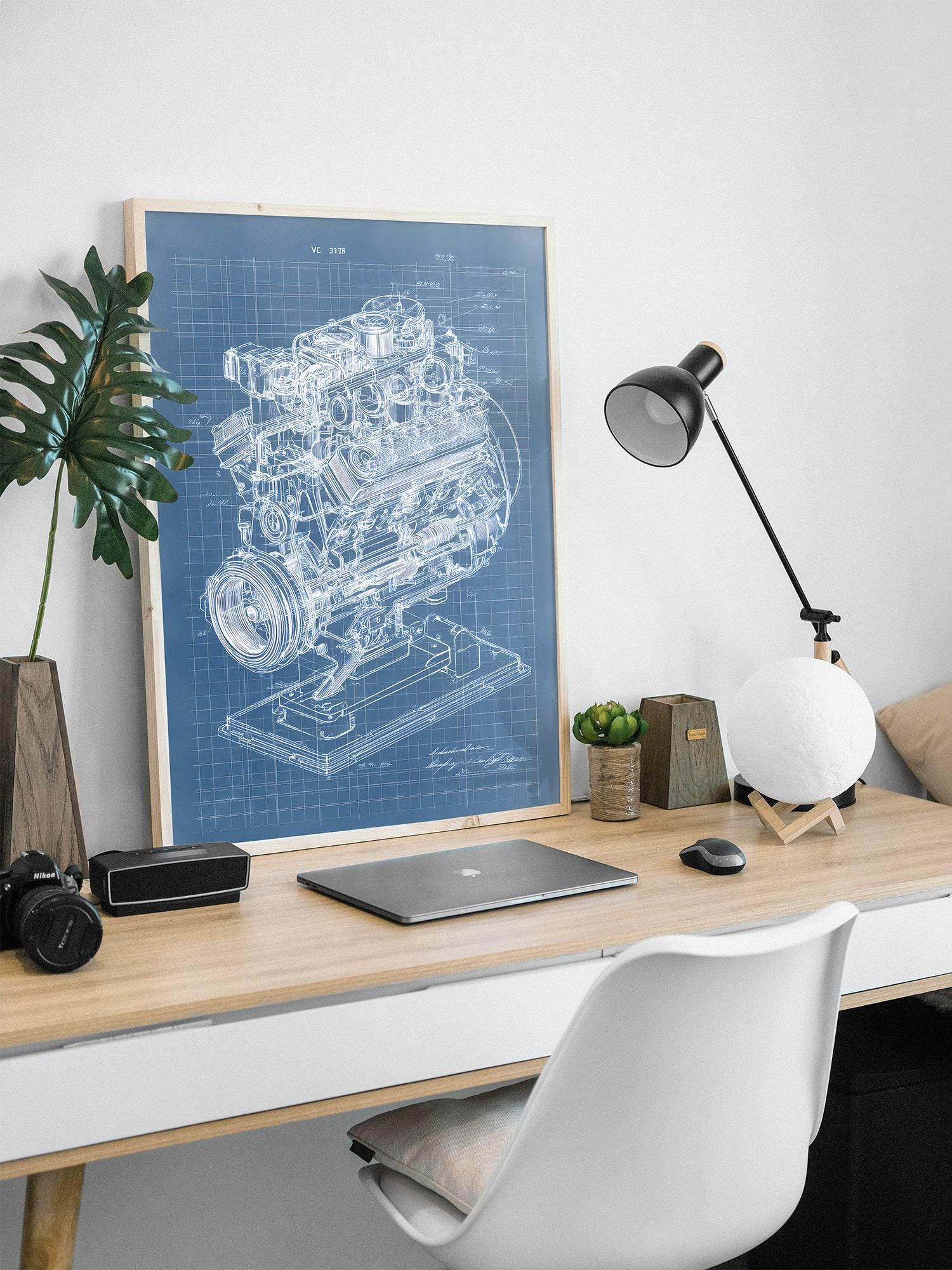 Vintage V8 Engine Blueprint Poster, Automotive Wall Art (digital ...