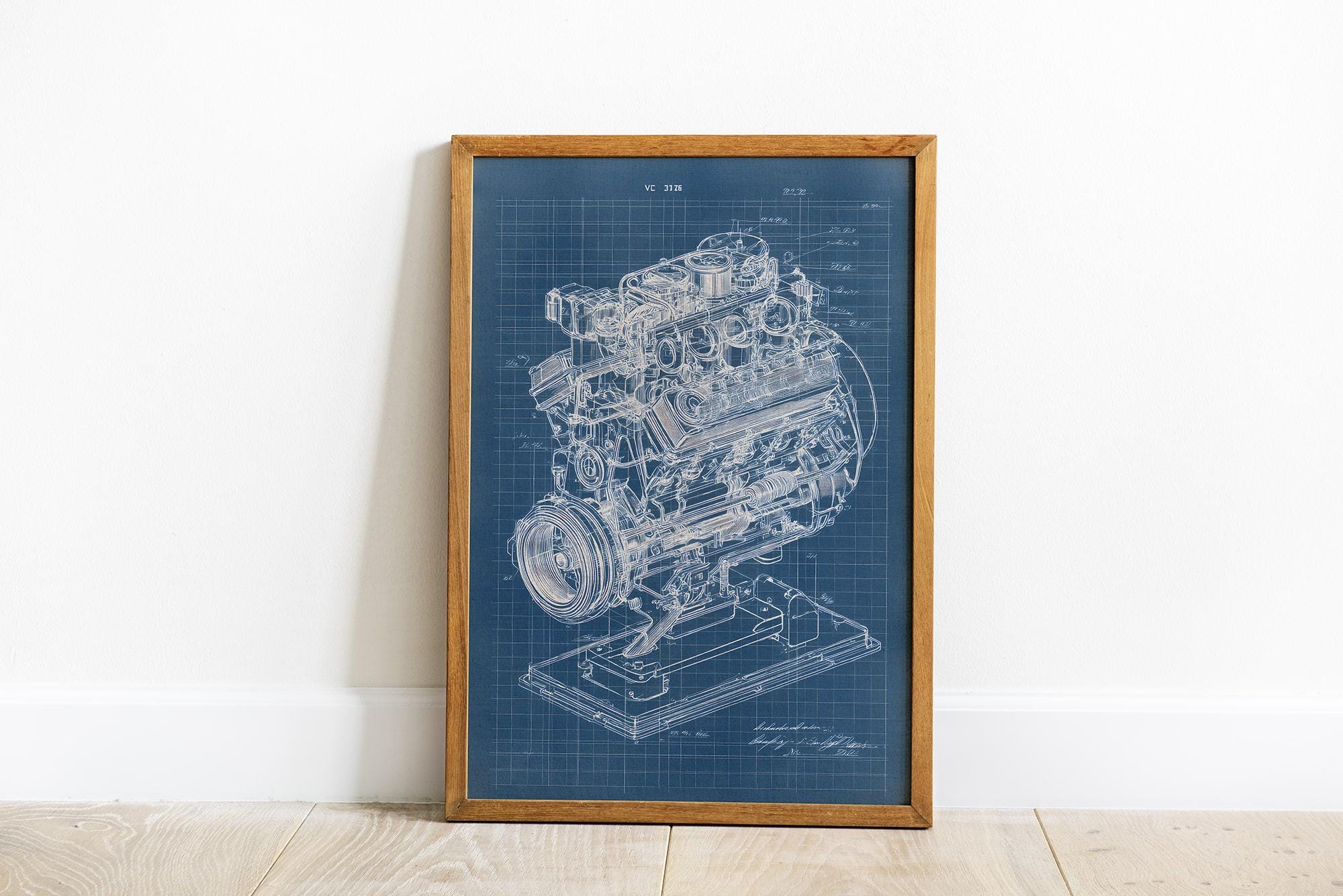 Vintage V8 Engine Blueprint Poster, Automotive Wall Art (digital ...