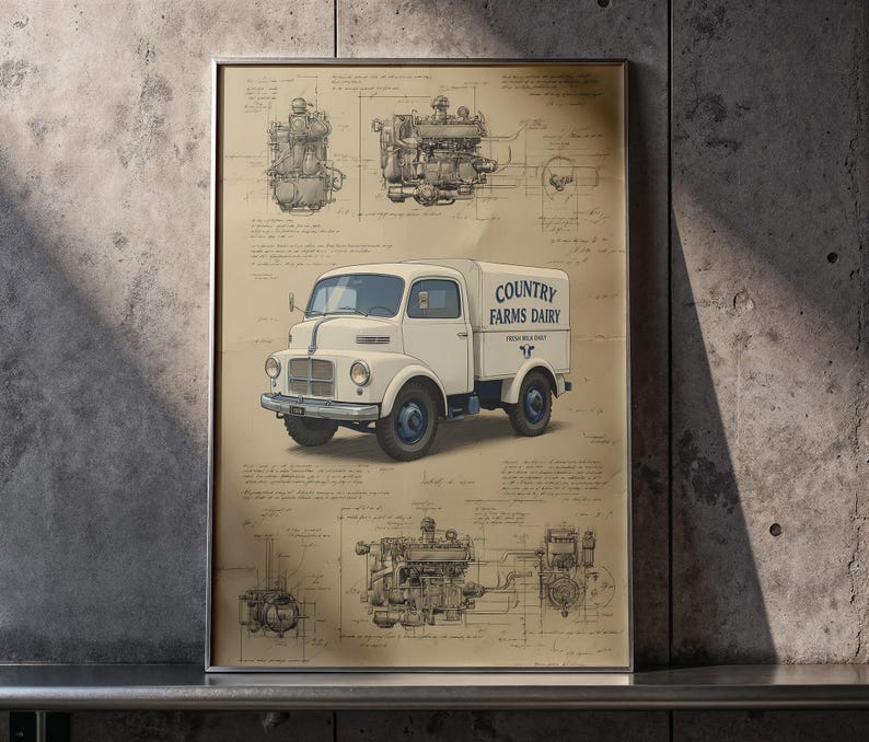 Vintage Milk Truck Blueprint Poster, Retro Dairy Delivery Vehicle ...