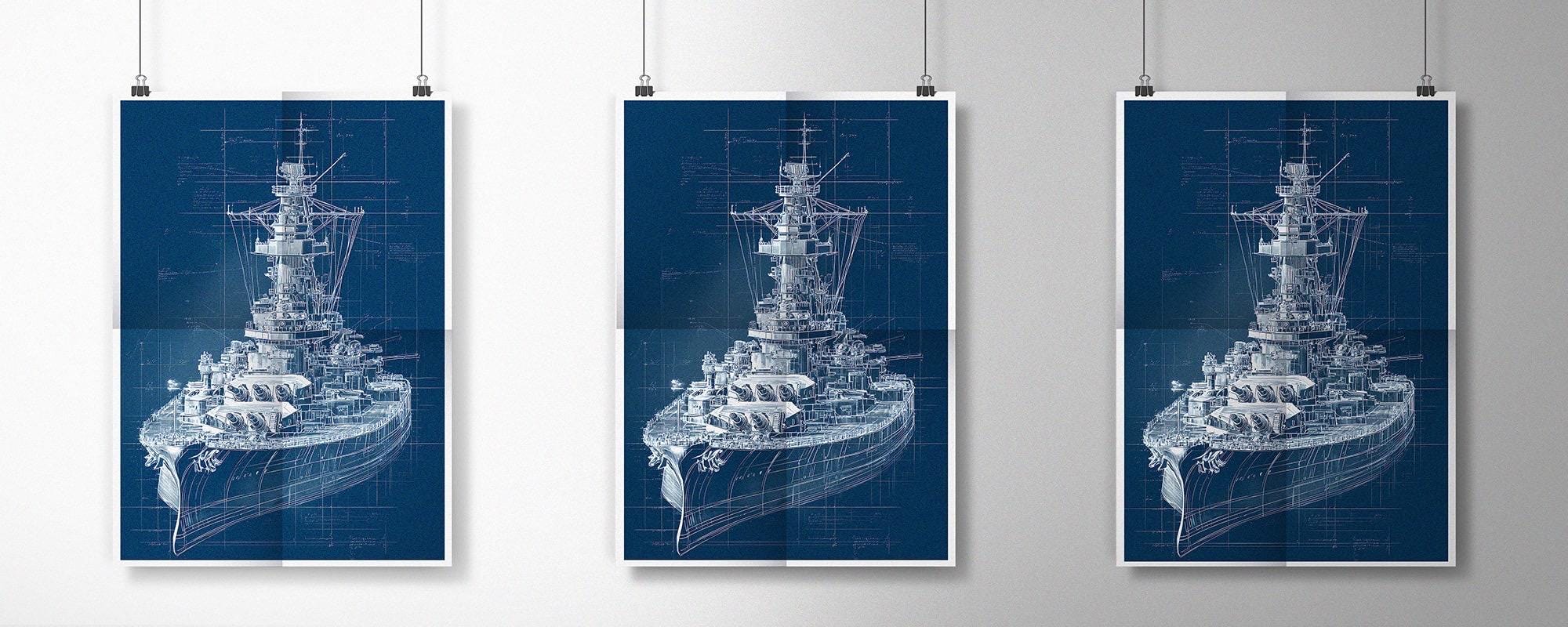 Iowa Class Battleship Blueprint, WW2 Warship Technical Drawing (digital ...