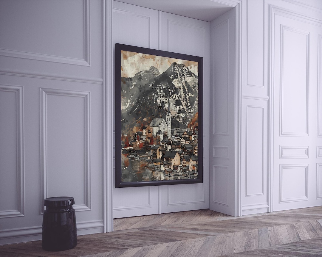 Hallstatt Austria Print: Village Lake View, Textural Paint Effects ...