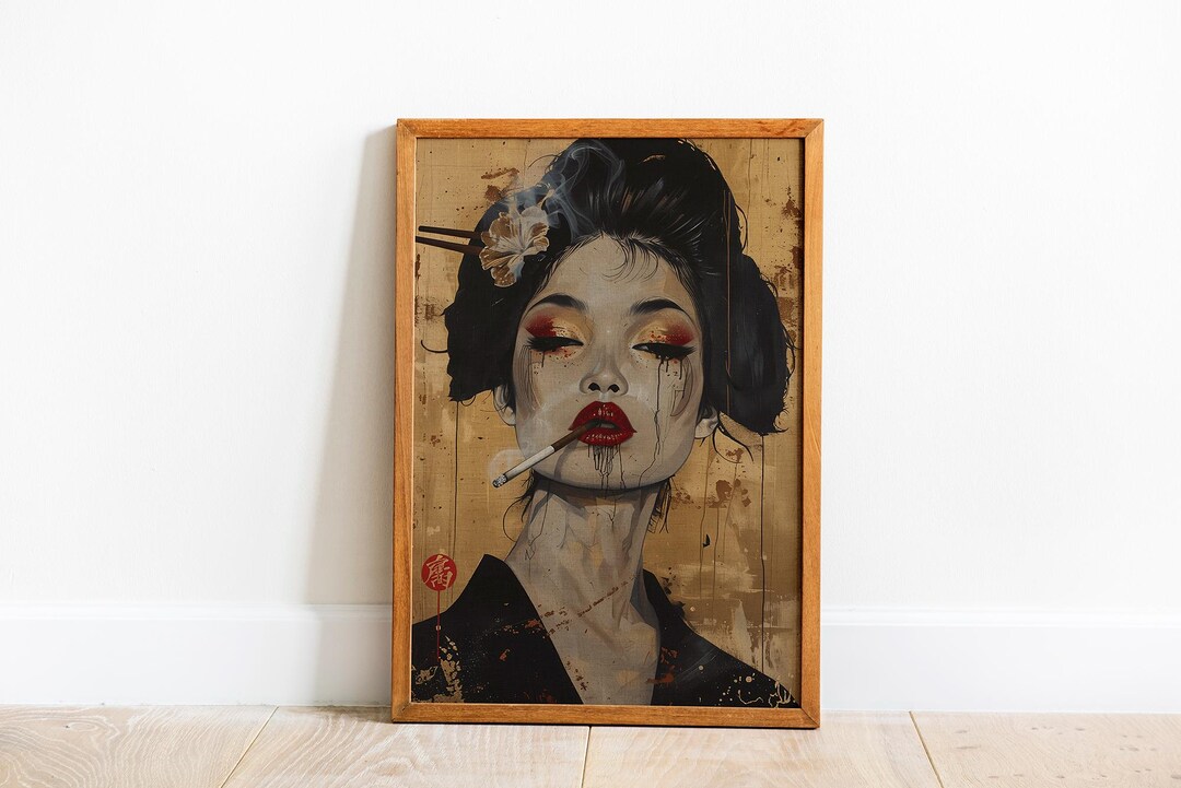 Smoking Geisha Art Print – Textured Gold Japanese Poster (digital ...