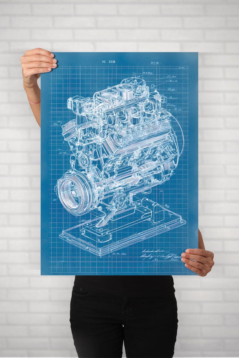 Vintage V8 Engine Blueprint Poster, Automotive Wall Art (digital ...