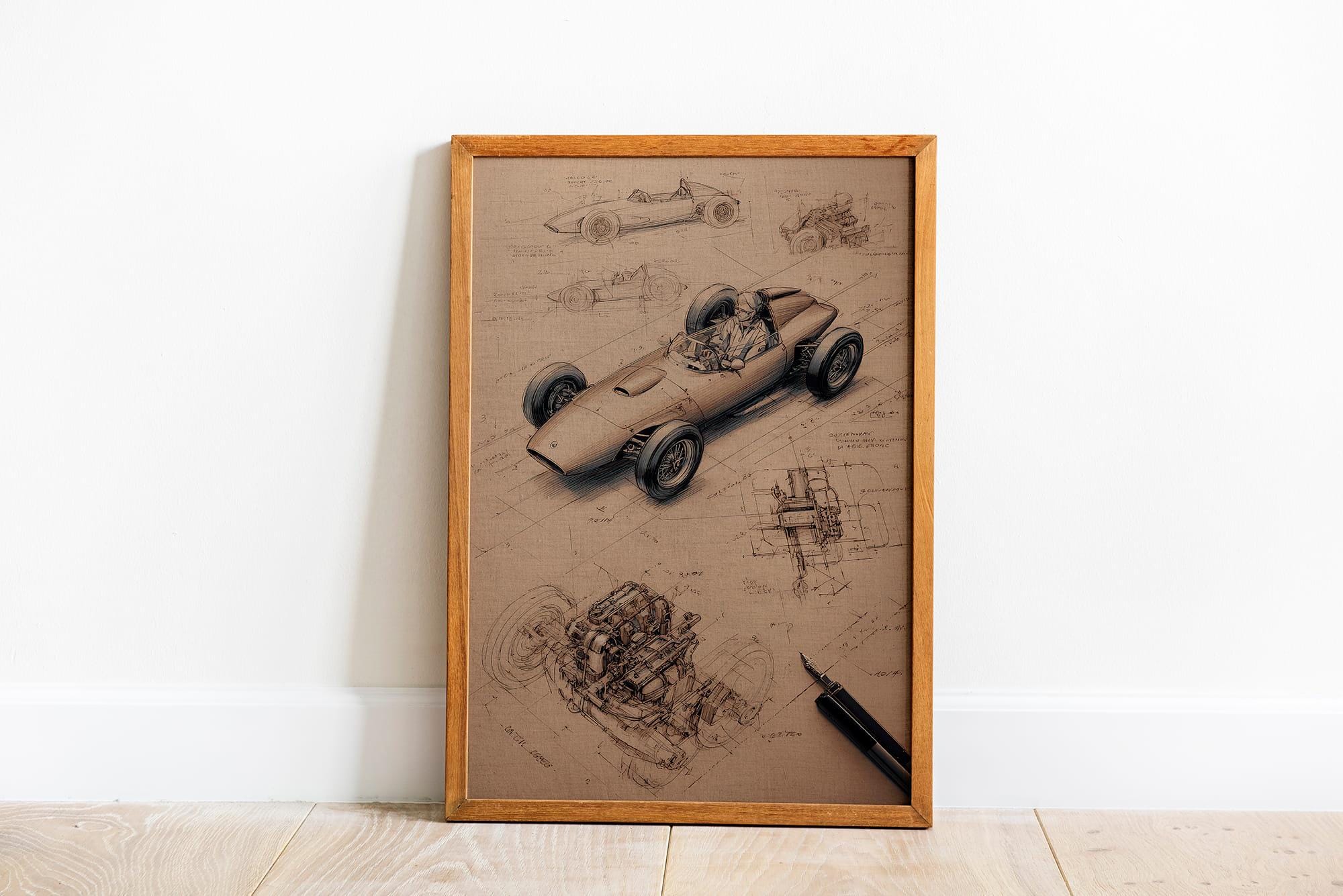 Vintage Race Car Blueprint Art, Classic Automotive Technical ...