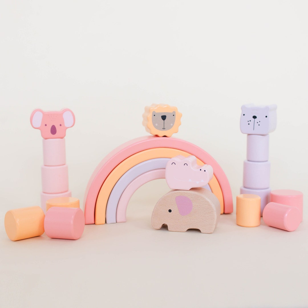 Pastel Pink Animal Stacking Set - 21 Pieces With Storage Bag - Wooden ...