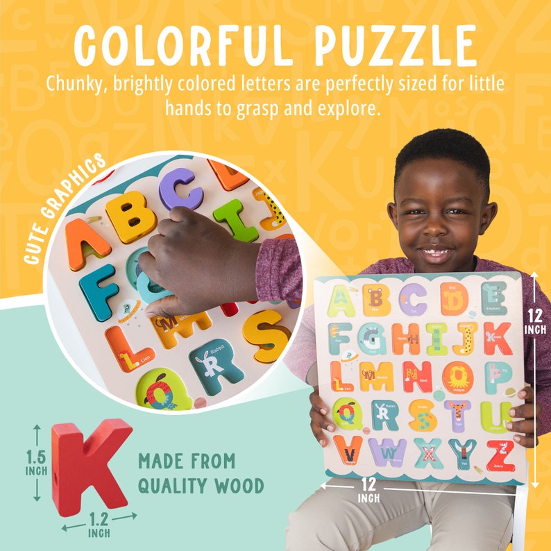 Wooden Alphabet Puzzle for Toddlers With Flashcards & White Board ...