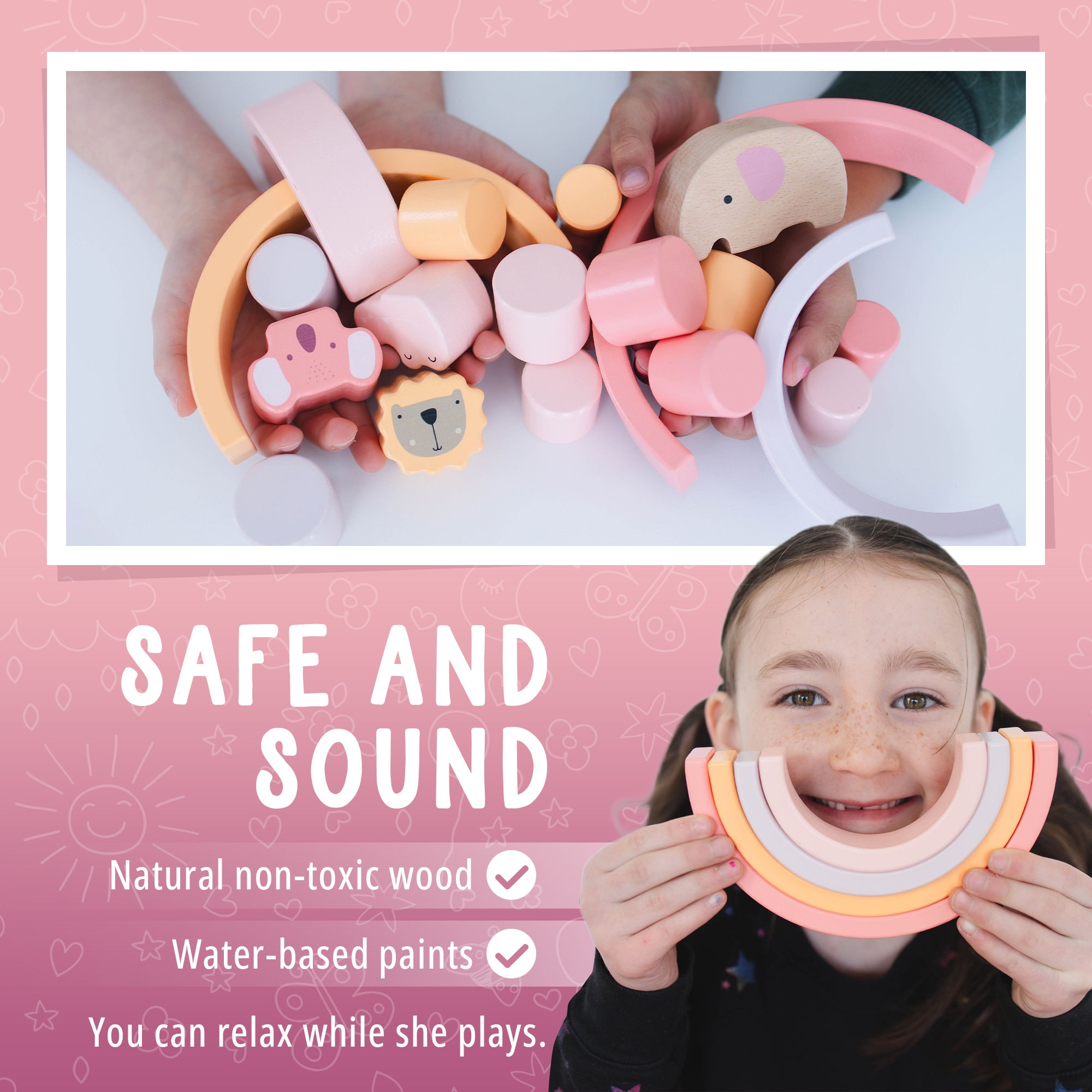 Pastel Pink Animal Stacking Set 21 Pieces With Storage Bag Wooden ...