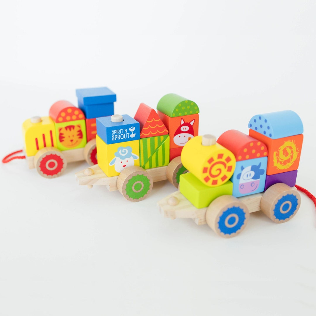 Farm Wood Train Set Baby Keepsake, Pull Along Stacking Toys, Kids ...