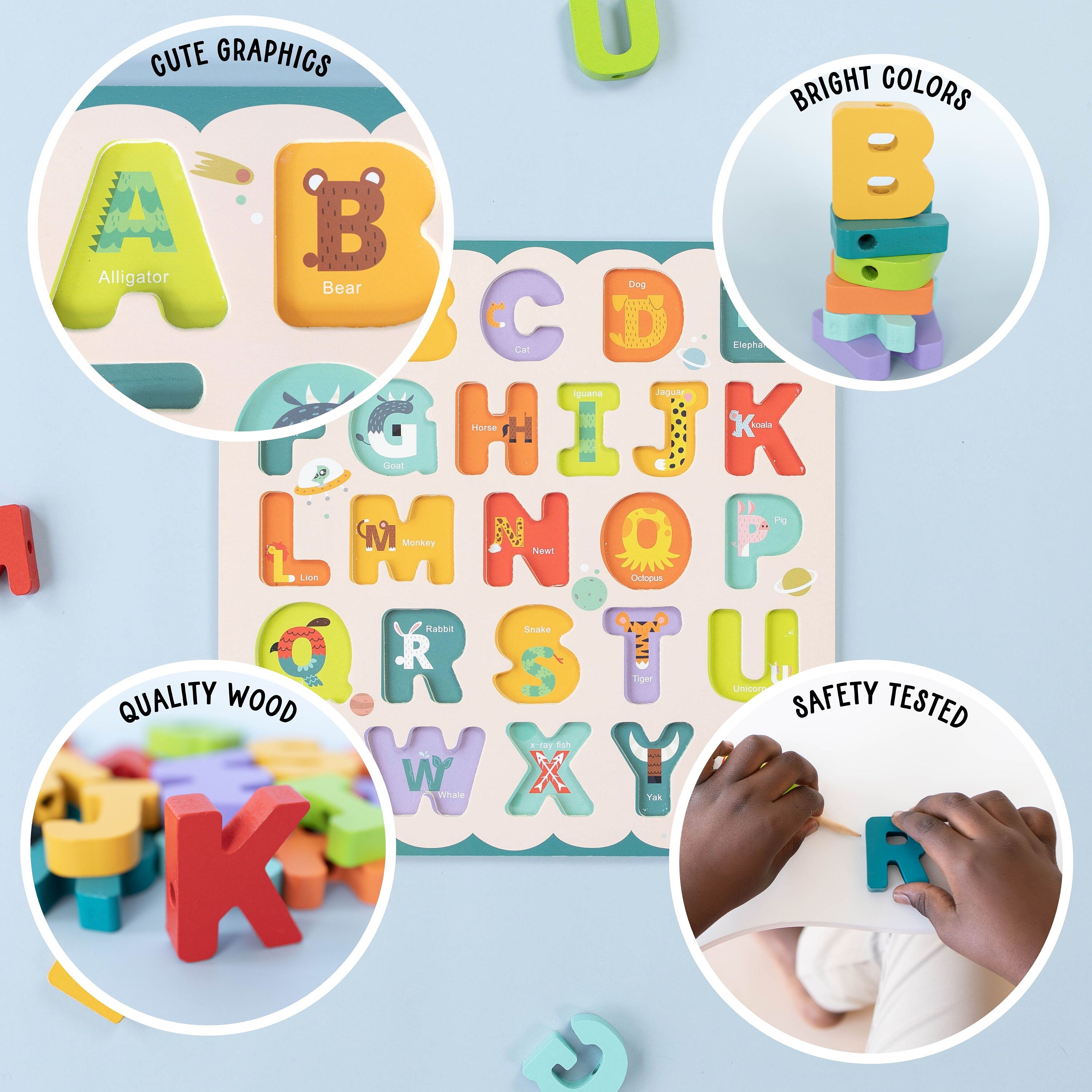 Wooden Alphabet Puzzle for Toddlers With Flashcards & White Board ...