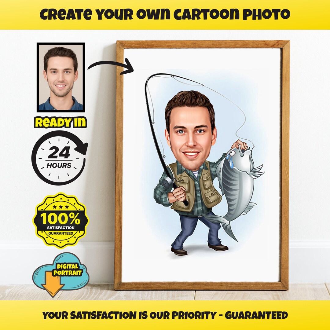 Personalized Cartoon Fisherman Portrait | Custom Fishing Gifts for Men ...