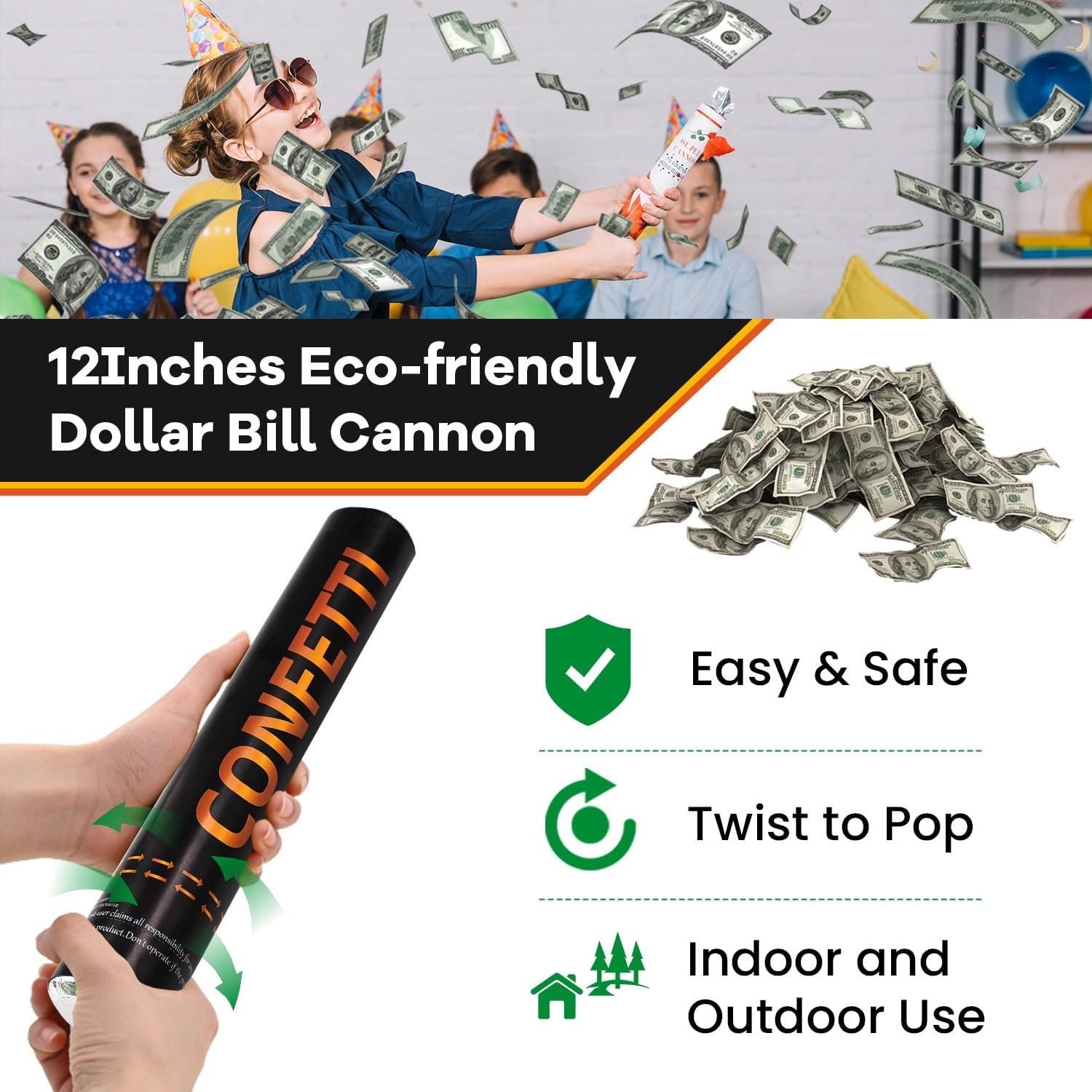 12-pack Money Confetti Cannons, Biodegradable 100 Dollar Bill Confetti ...
