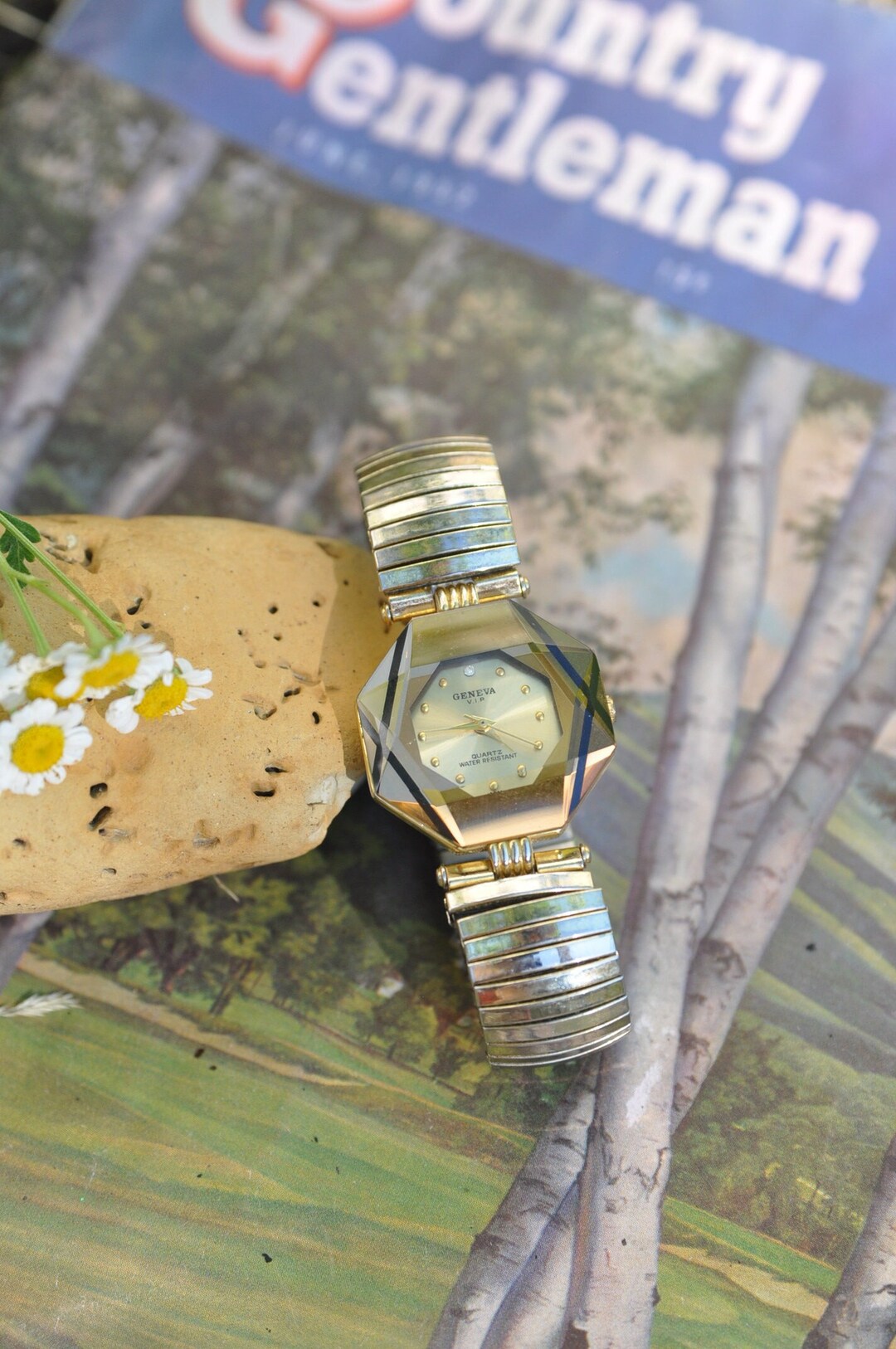 1980s Geneva VIP Quartz Diamond Octagonal Gold-toned Watch With Elastic ...