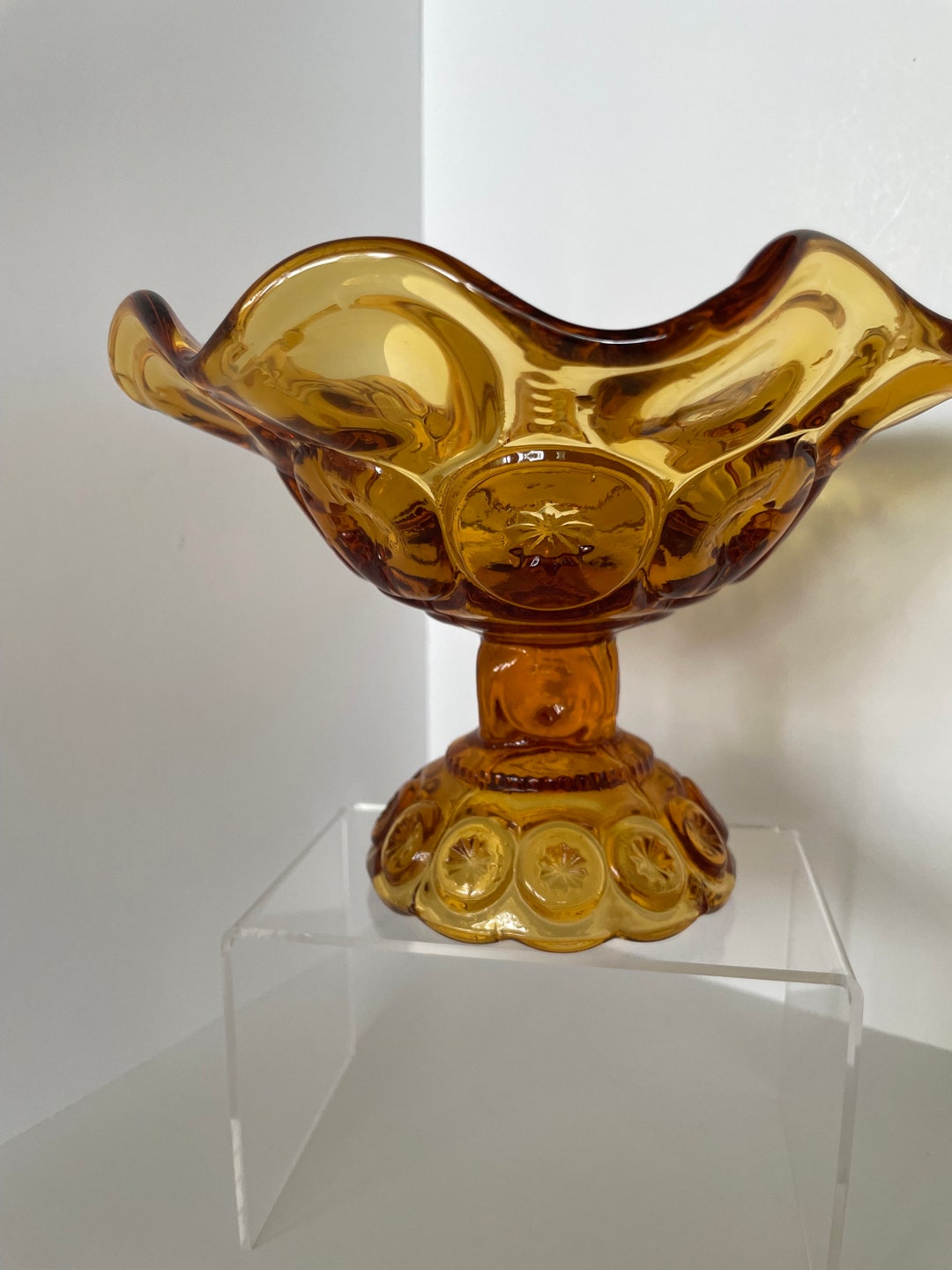 L.E. Smith Amber Moon and Star Open Ruffled Pedestal Compote - Etsy