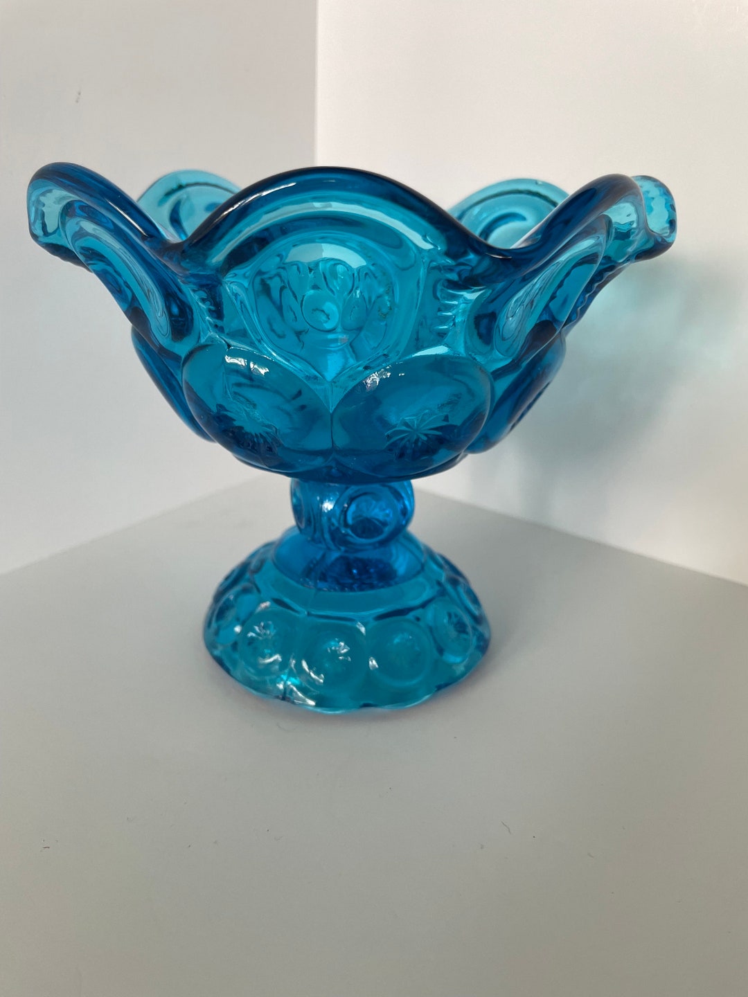 L.E. Smith Moon and Star Colonial Blue Ruffled Compote - Etsy