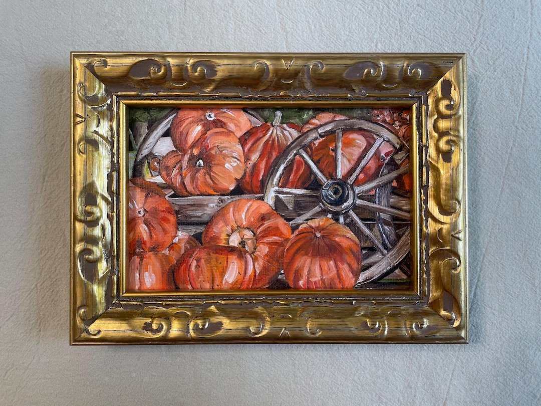 Original Oil Painting- Pumpkins & a Wagon Wheel - Etsy