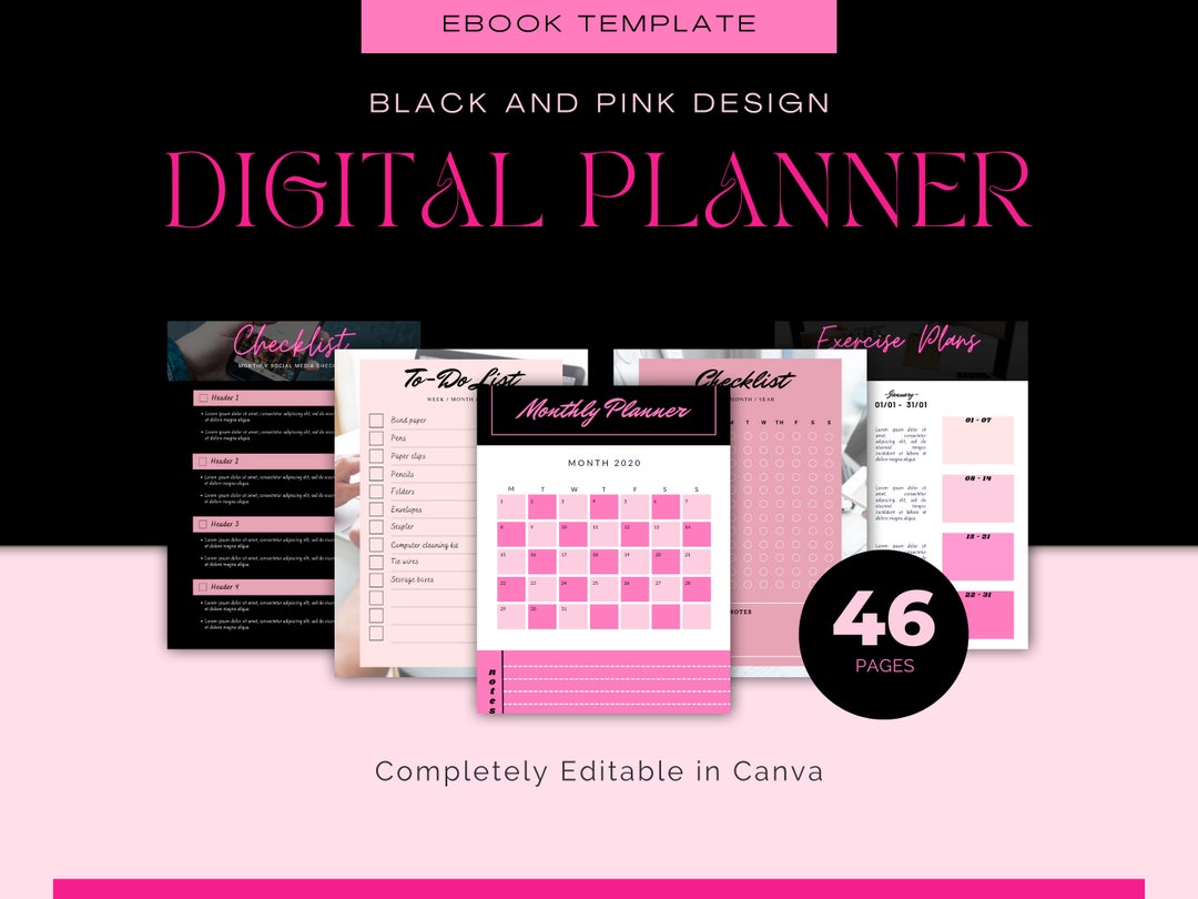 Stylish Black and Pink Digital Planner Template 46 Pages Printable ...