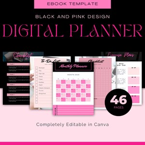 Stylish Black and Pink Digital Planner Template 46 Pages Printable ...