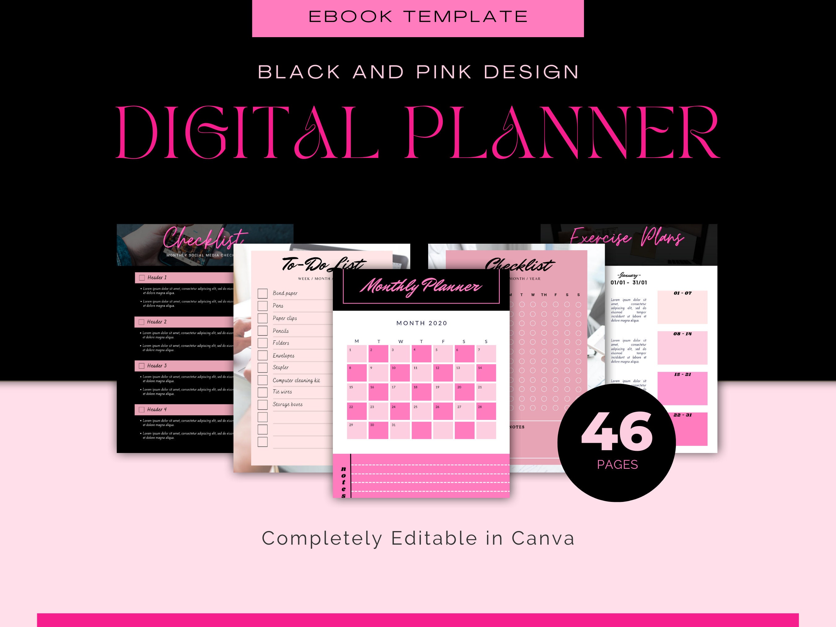 Stylish Black and Pink Digital Planner Template 46 Pages Printable ...