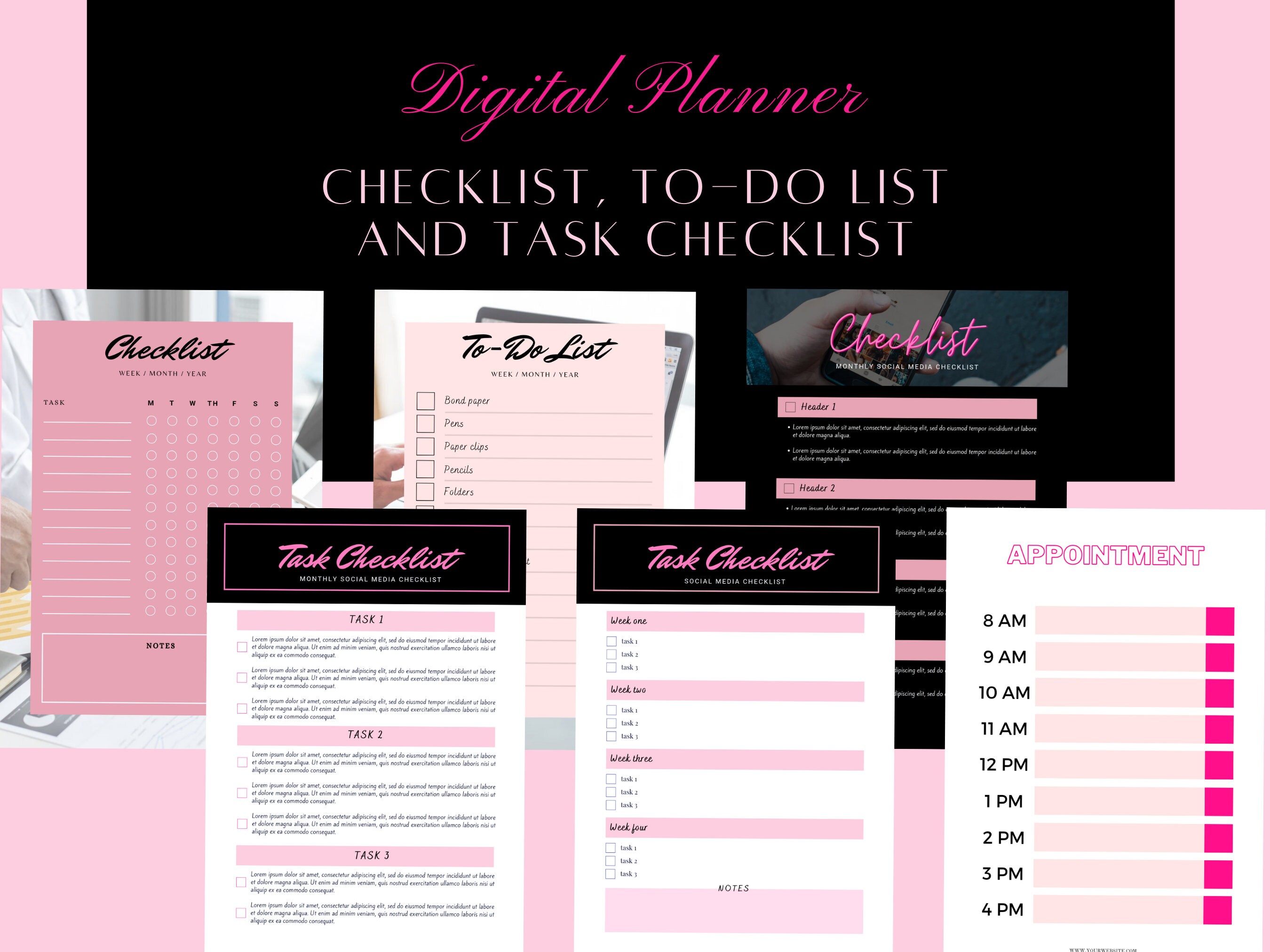 Stylish Black and Pink Digital Planner Template 46 Pages Printable ...