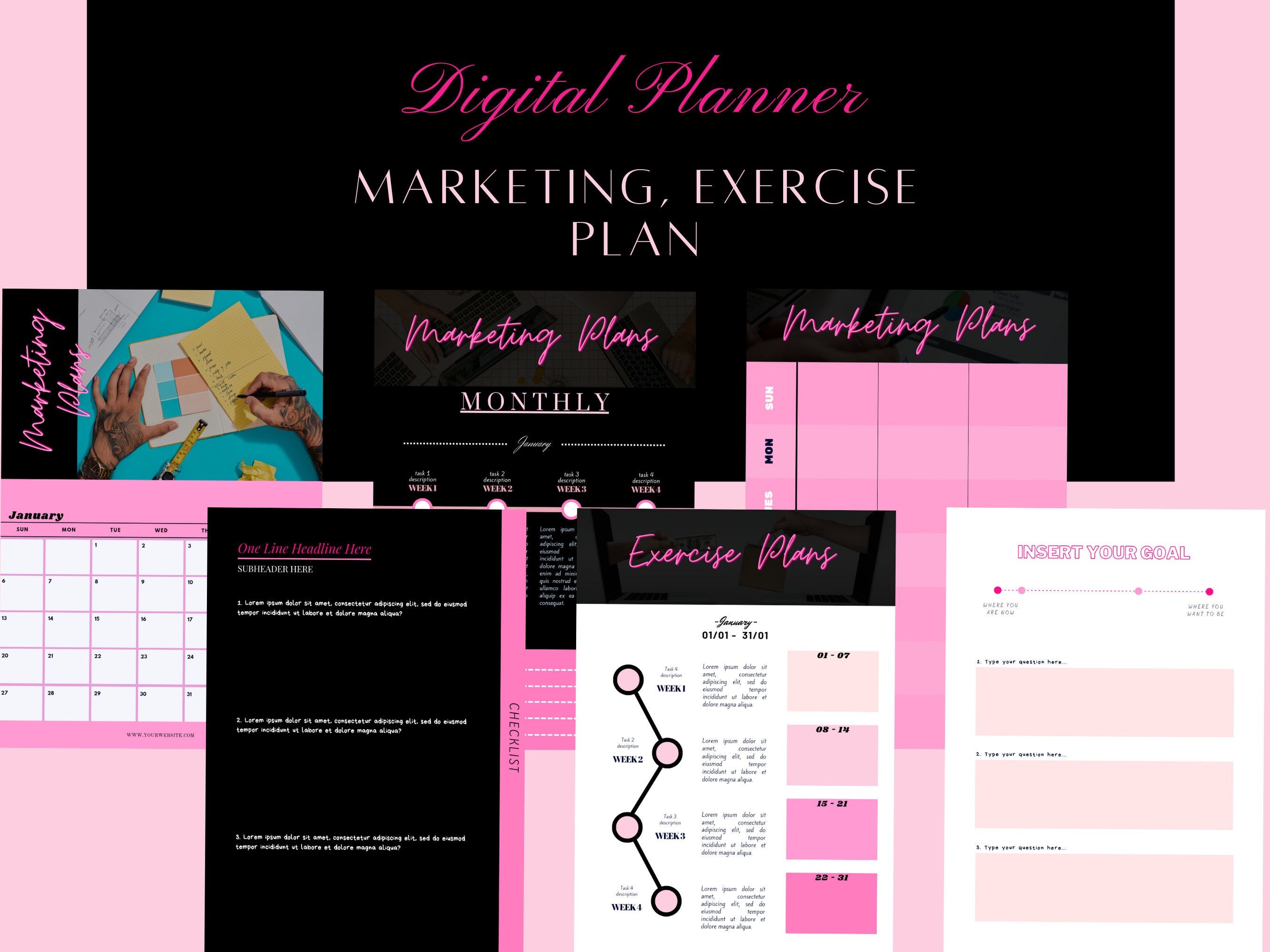 Stylish Black and Pink Digital Planner Template 46 Pages Printable ...