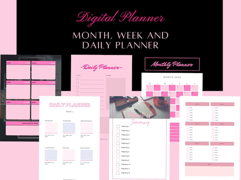 Stylish Black and Pink Digital Planner Template 46 Pages Printable ...