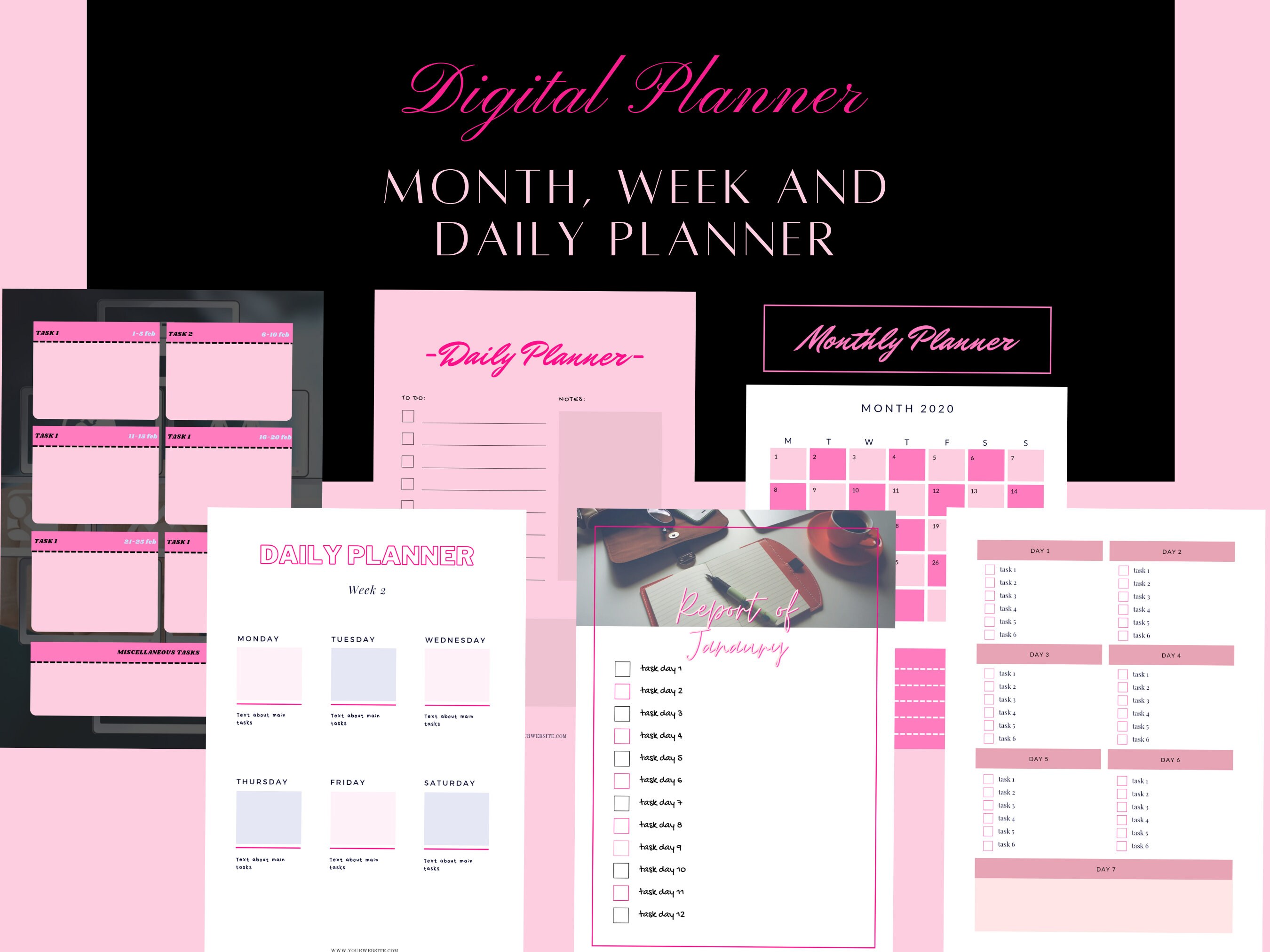 Stylish Black and Pink Digital Planner Template 46 Pages Printable ...
