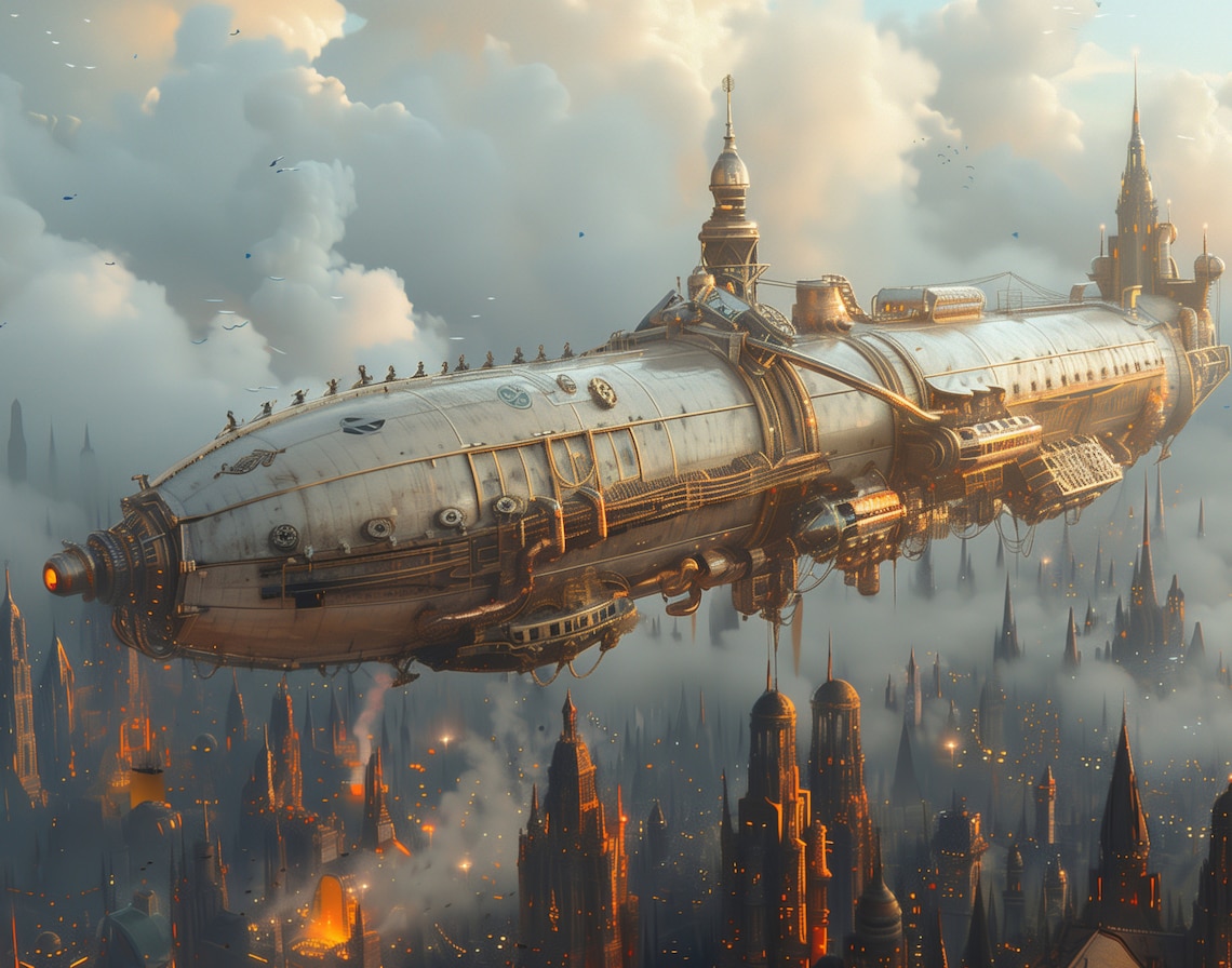 Steampunk Airship Above City Skyline Digital Art Download - Etsy