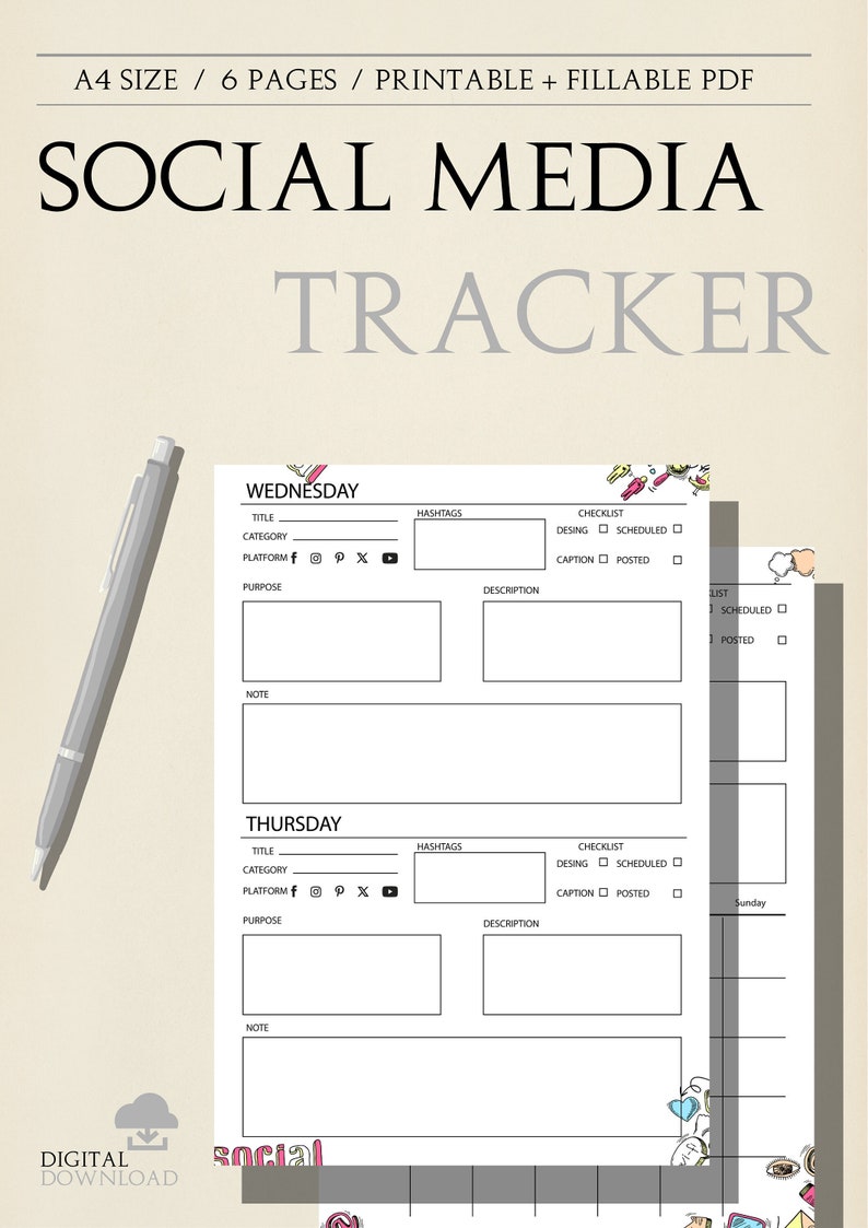 Social Media Tracker Printable Digital Marketing Organizer Content ...