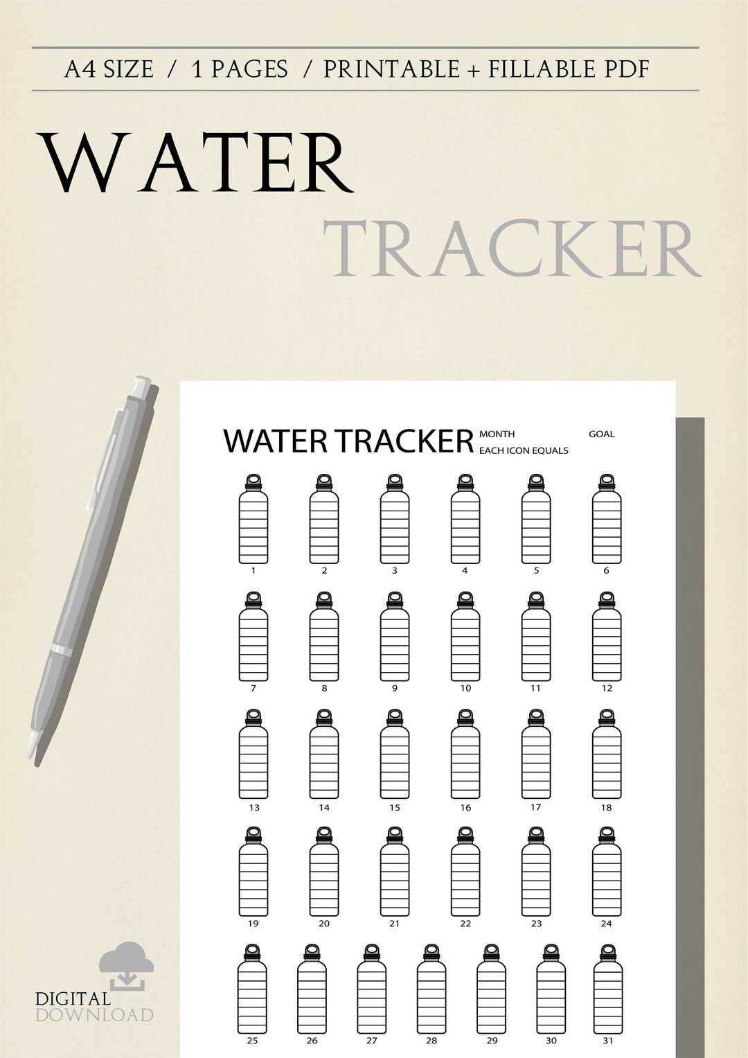Water Intake Tracker Printable Hydration Log Daily Water Consumption ...