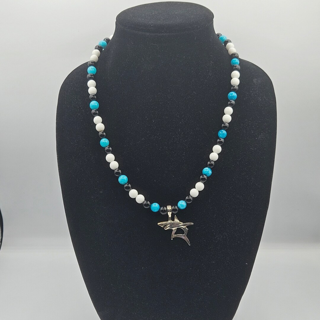 Beaded Shark Necklace: 8mm Glass Beads, Silver Plated Charm - Etsy